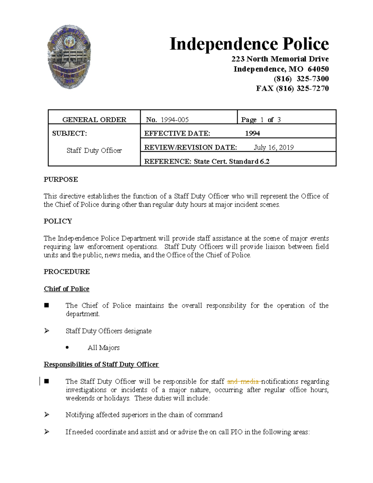General Order 1994-005: Staff Duty Officer Protocols and ...
