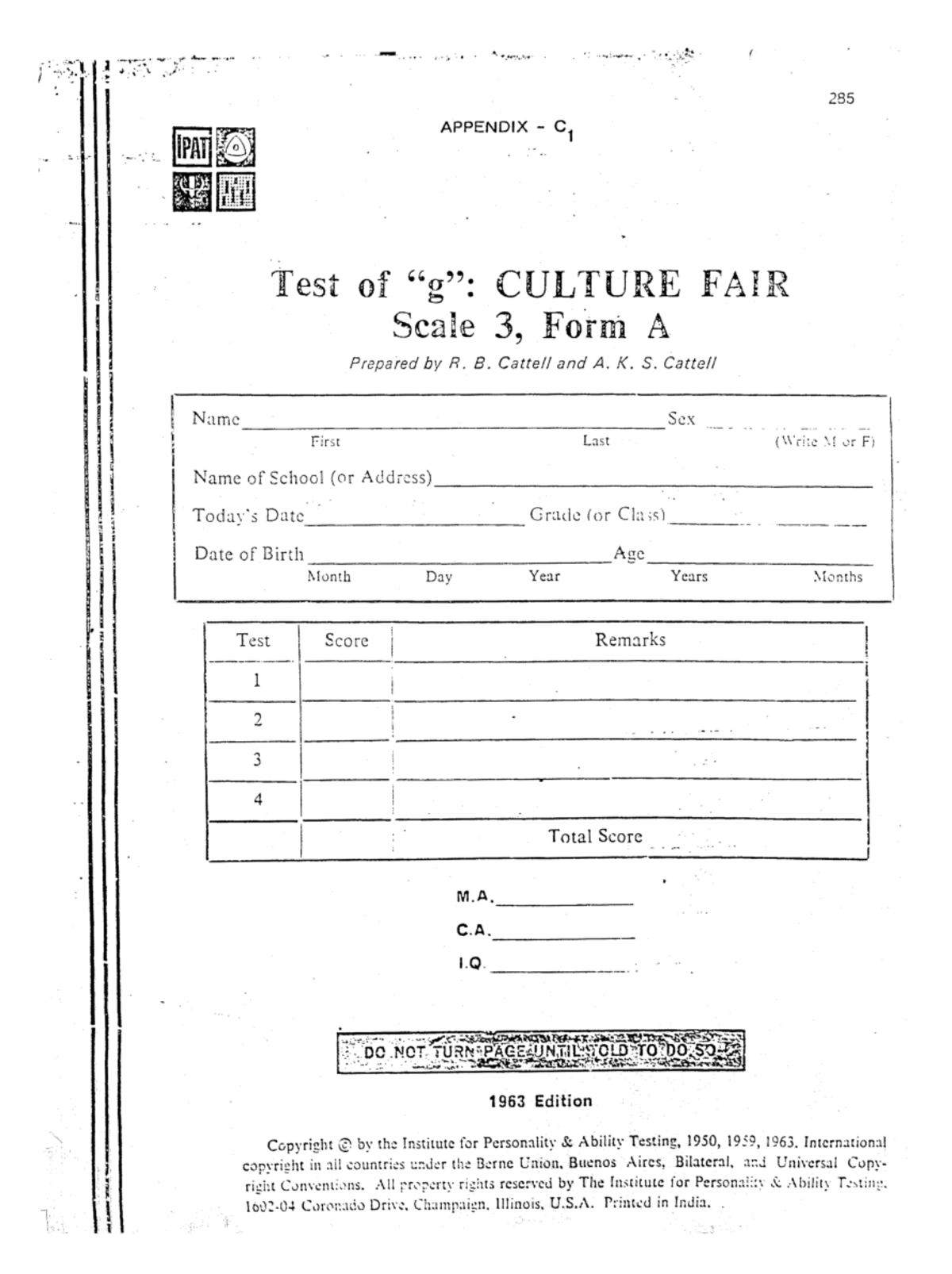 CULTURE FAIR Intelligence Test: Scale 3, Form A Review - Studocu