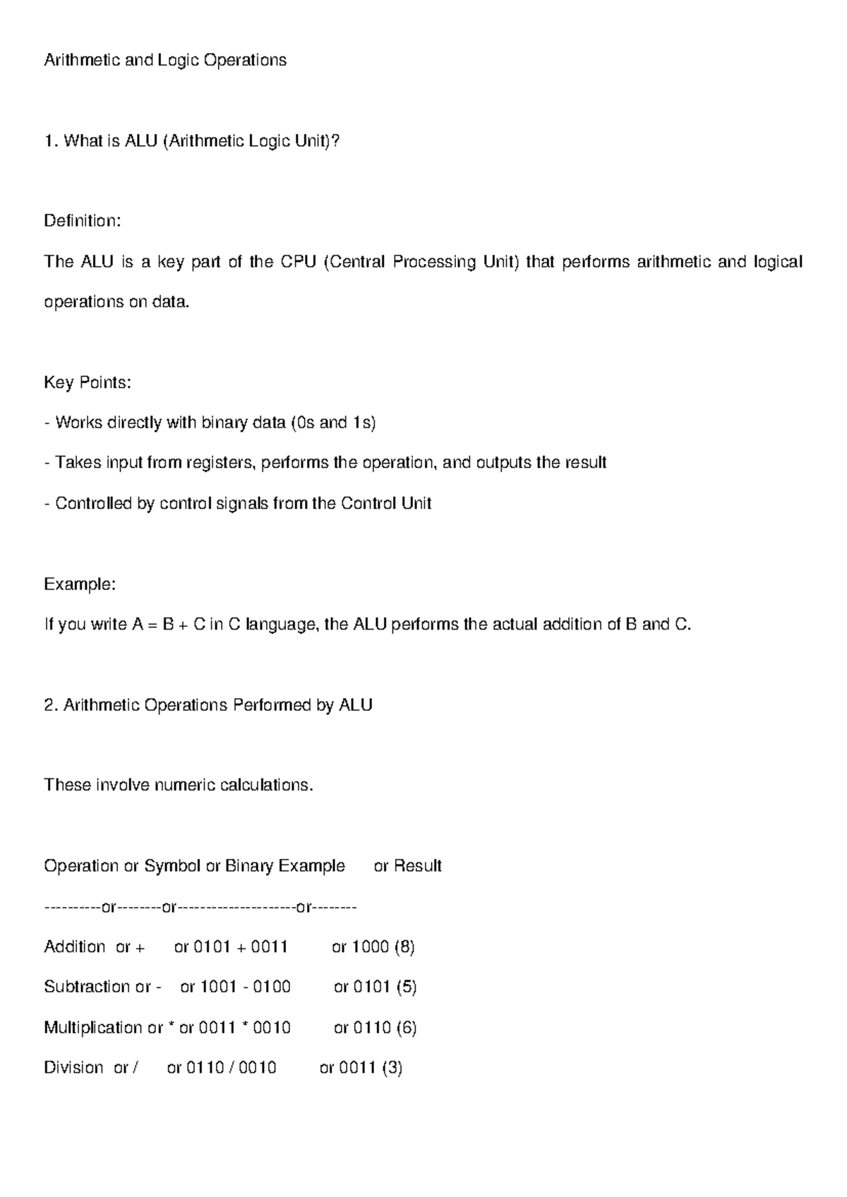 ALU Operations: Arithmetic & Logic Notes for CS101 - Studocu