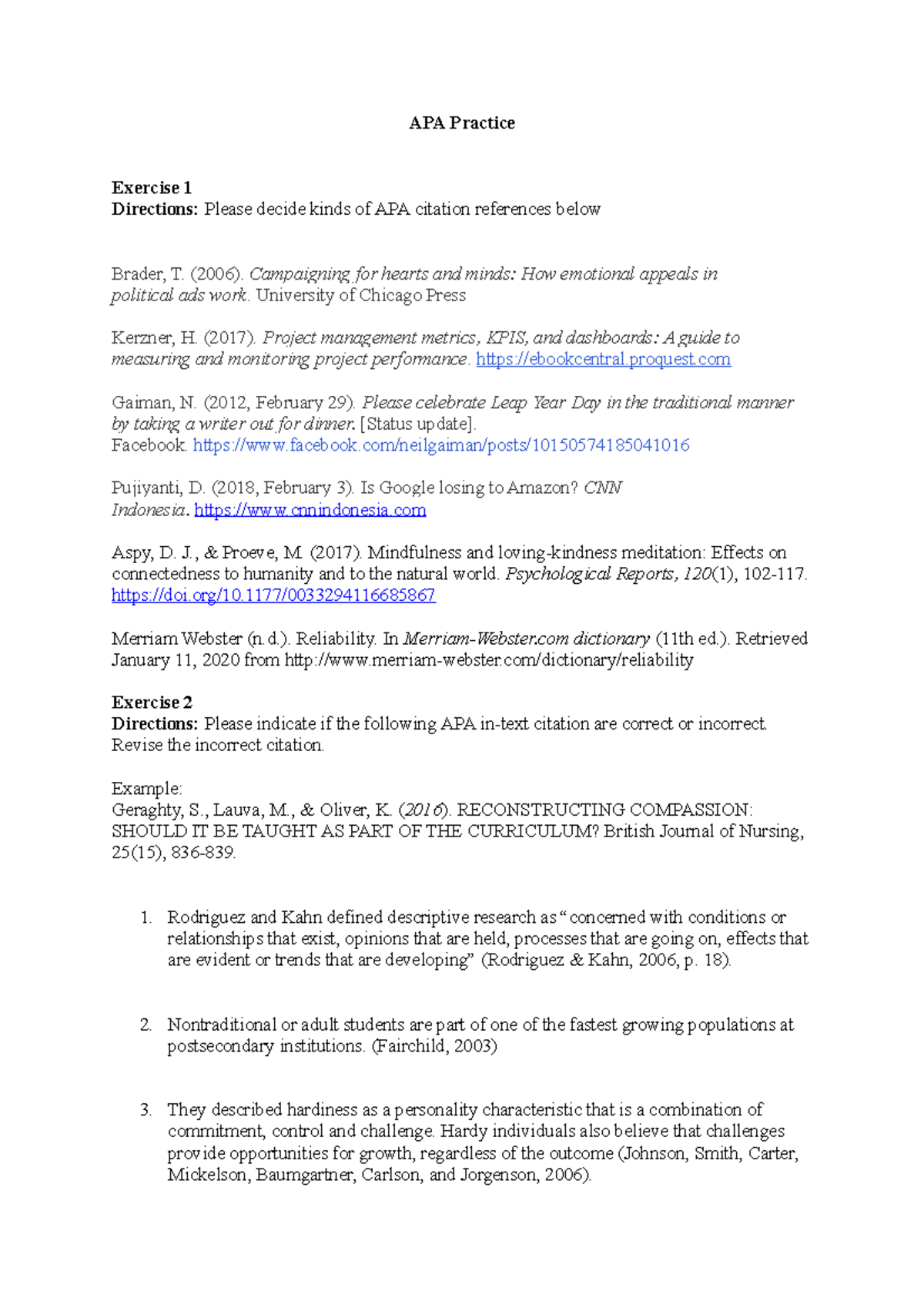 APA Citation Practice Exercises and In-Text Citation Review - Studocu