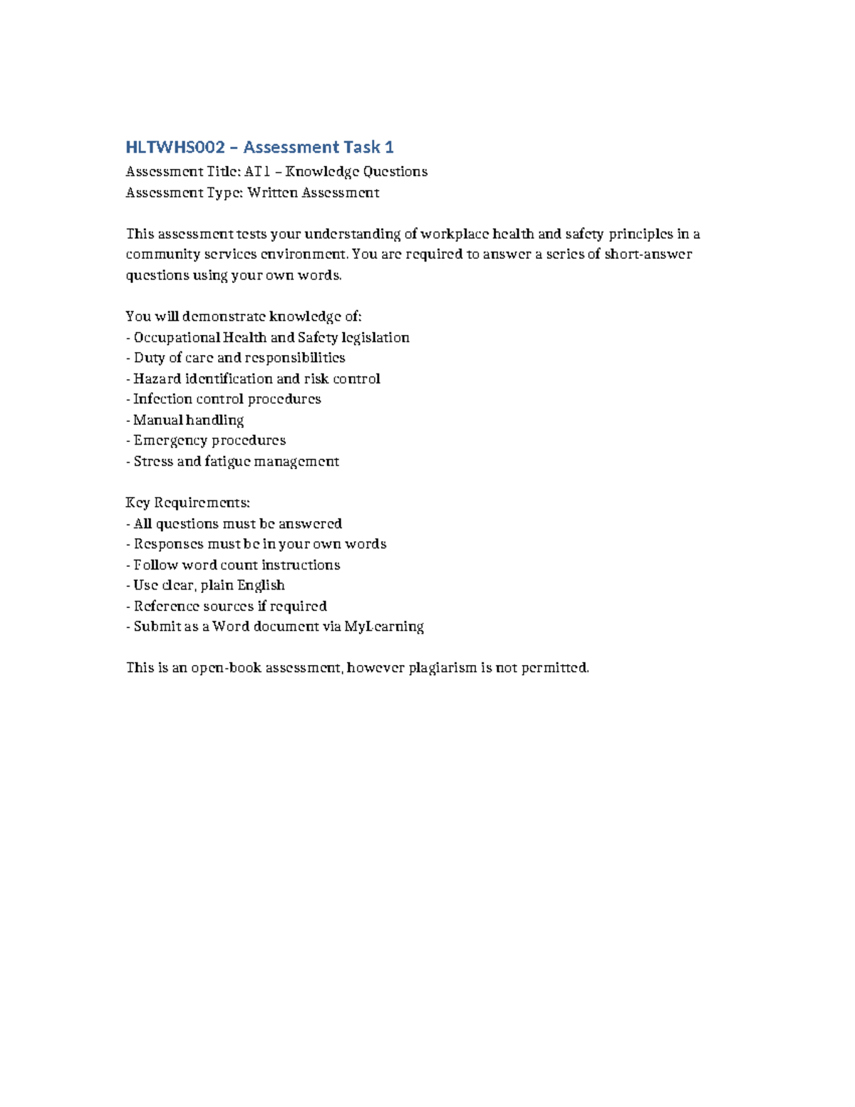 HLTWHS002 Assessment Task 1: Knowledge Questions on Workplace Safety ...