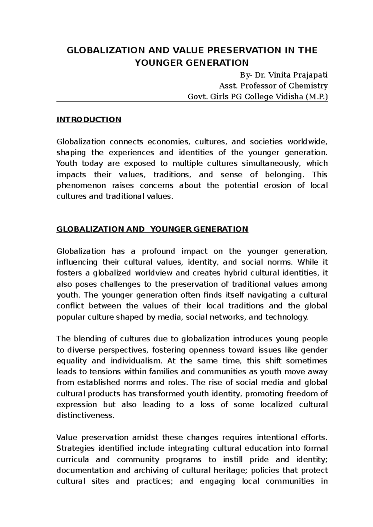 Globalization & Value Preservation in the Younger Generation - Studocu