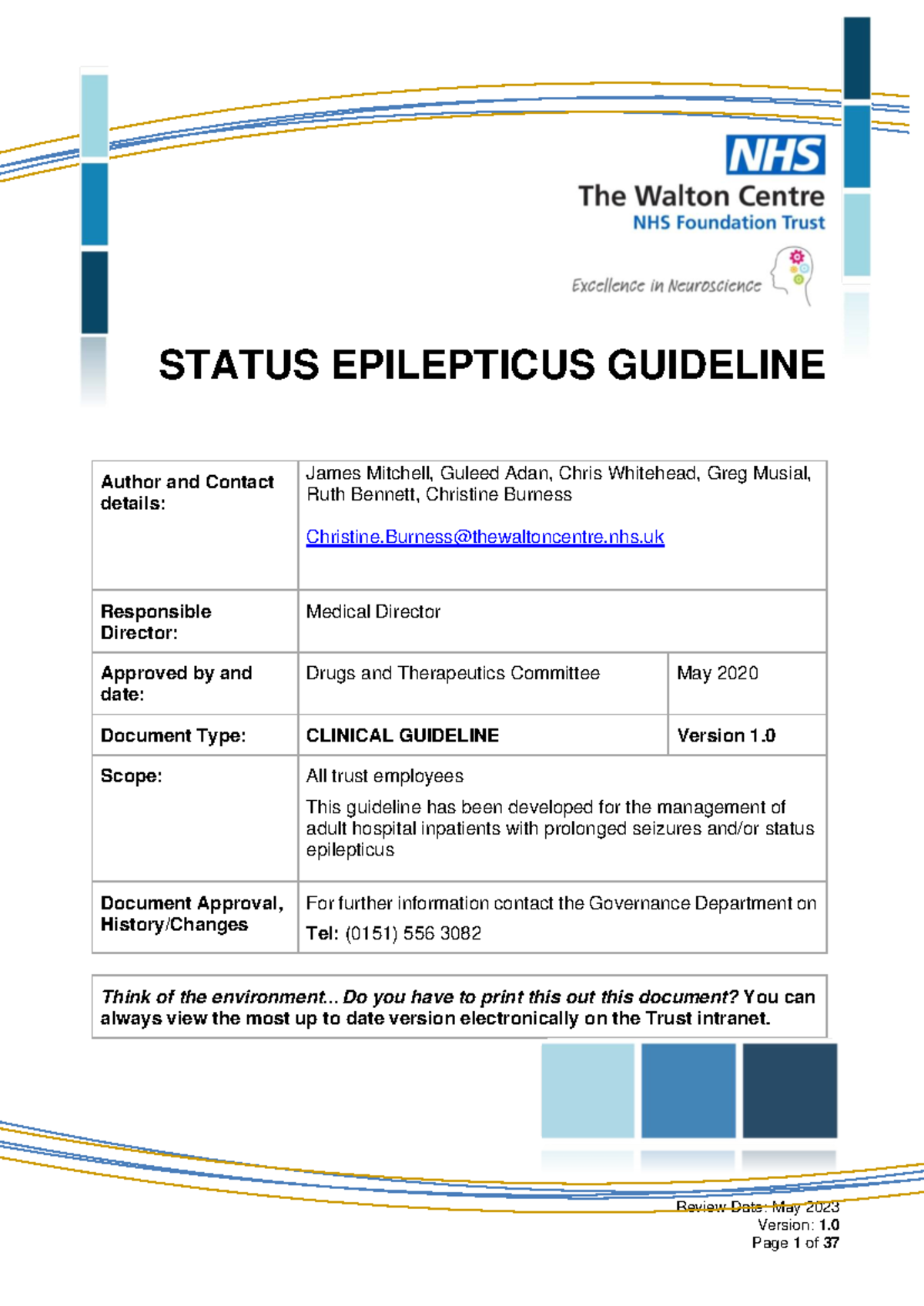 Status Epilepticus Management Guidelines (Clinical Guideline V1.0 ...