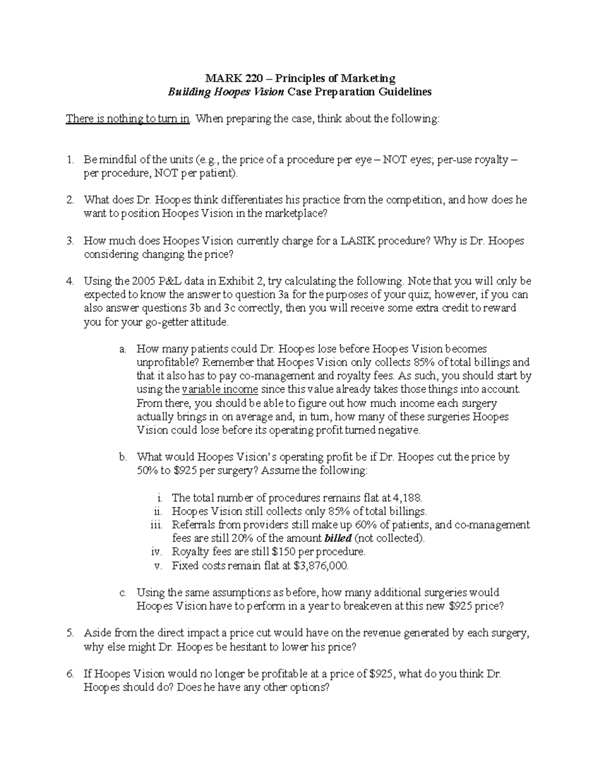 MARK 220 - Hoopes Vision Case Preparation Reading Guide - Studocu