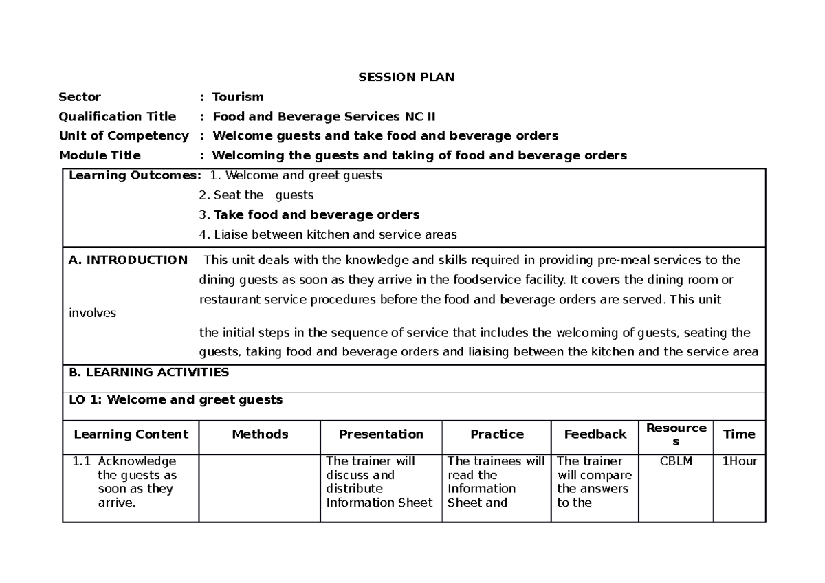 Session Plan Template for Food & Beverage Services NC II (1-3 TMC ...