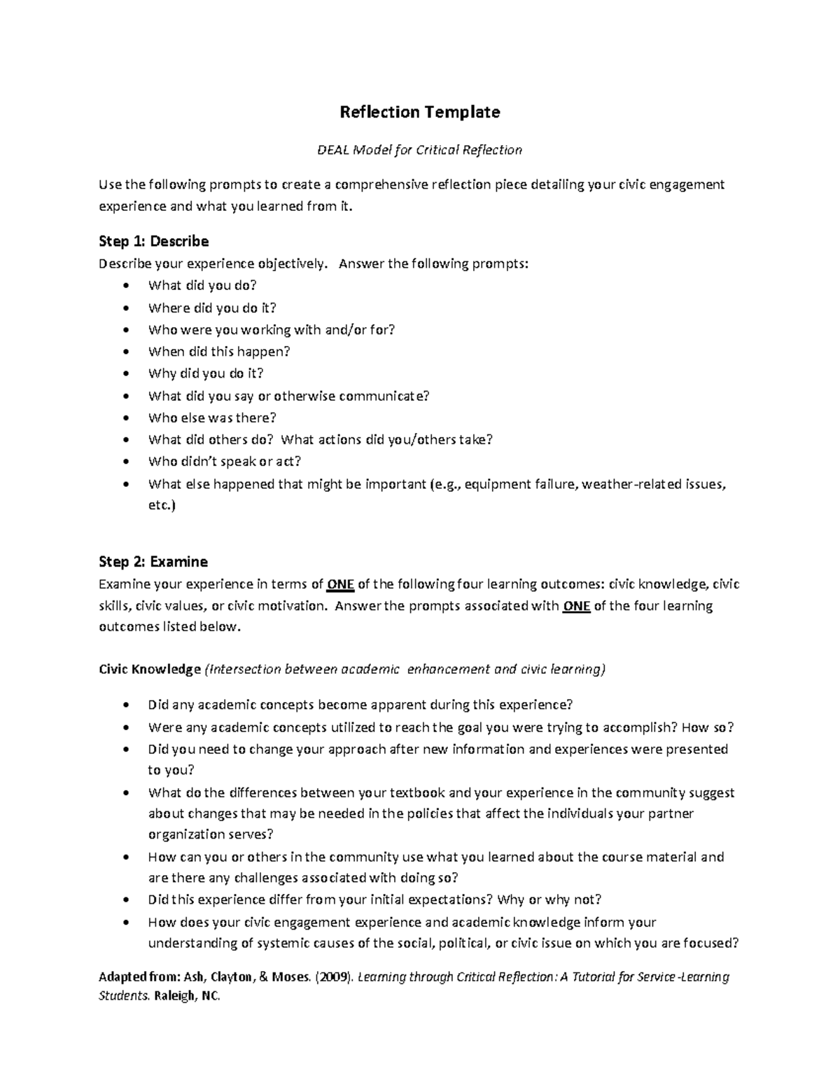 Critical Reflection Template Guide - Adapted from: Ash, Clayton ...