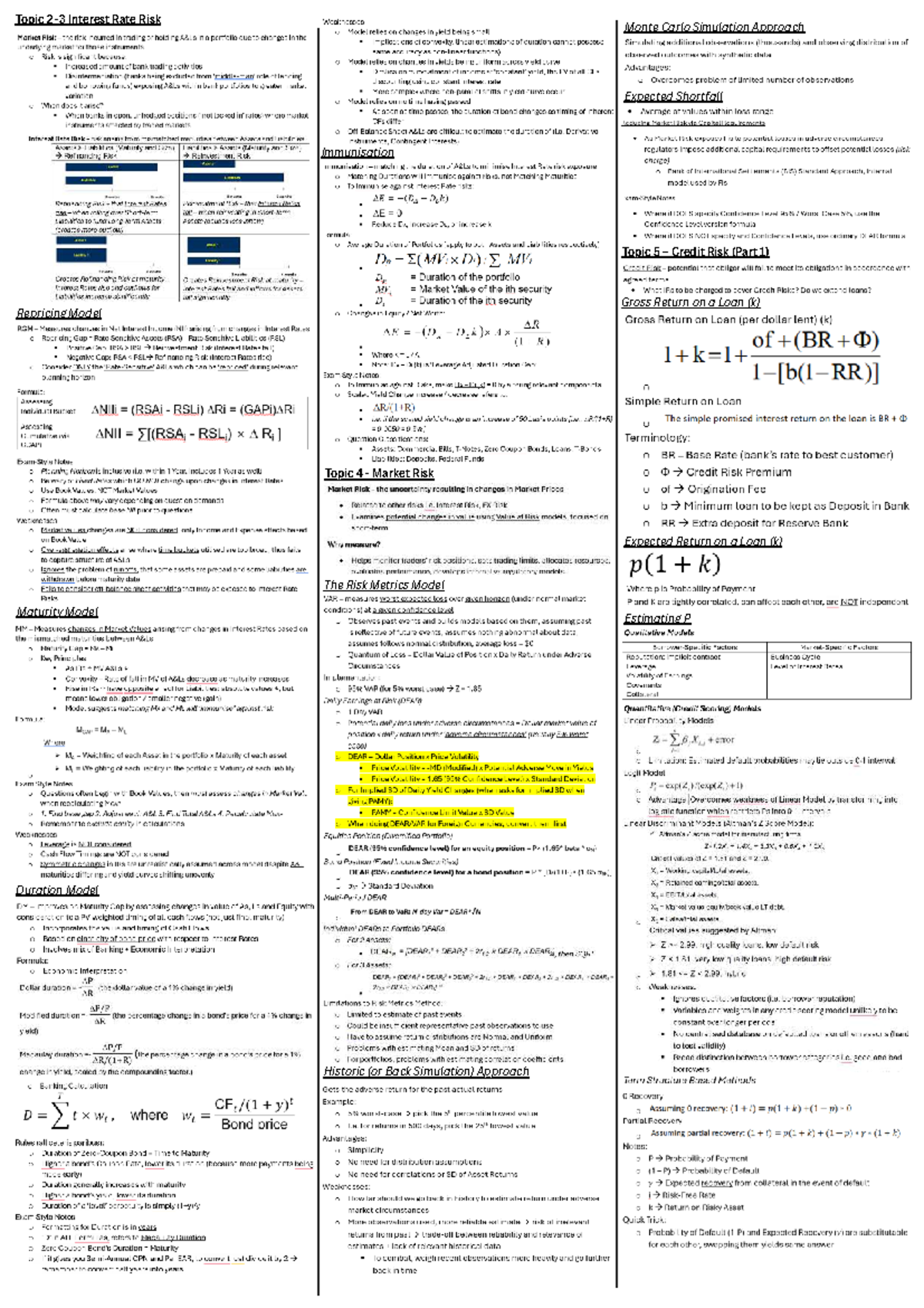 BANK3011 Cheat Sheet: Interest Rate & Credit Risk Models - Studocu