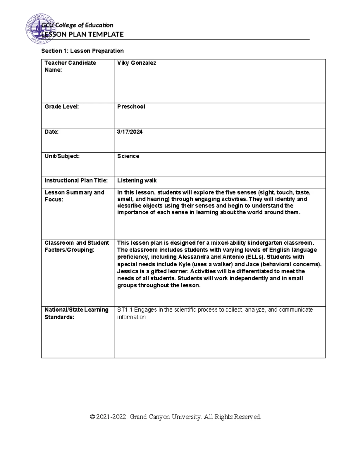 Lesson Plan for Listening Walk S&L-425: Engaging the Five Senses - Studocu