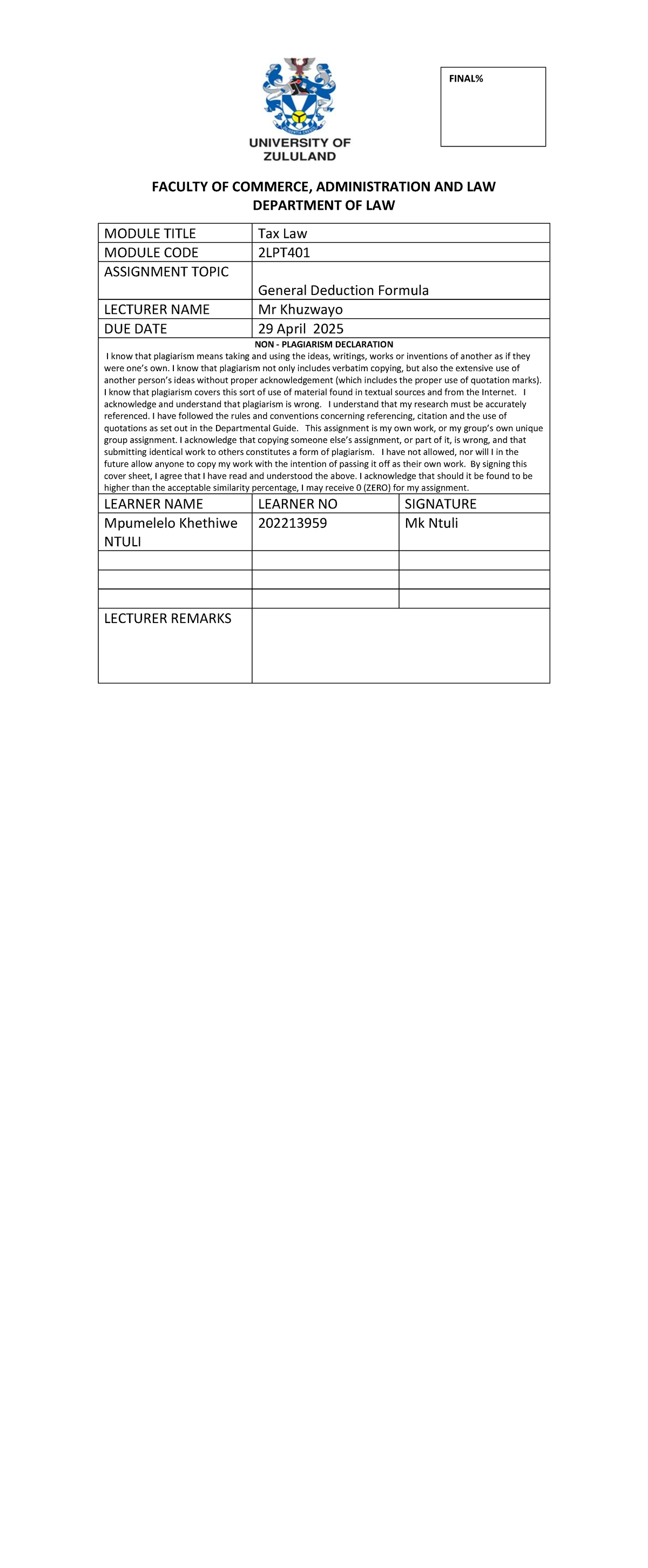 Tax Law 2LPT401 Assignment: General Deduction Formula Analysis - Studocu