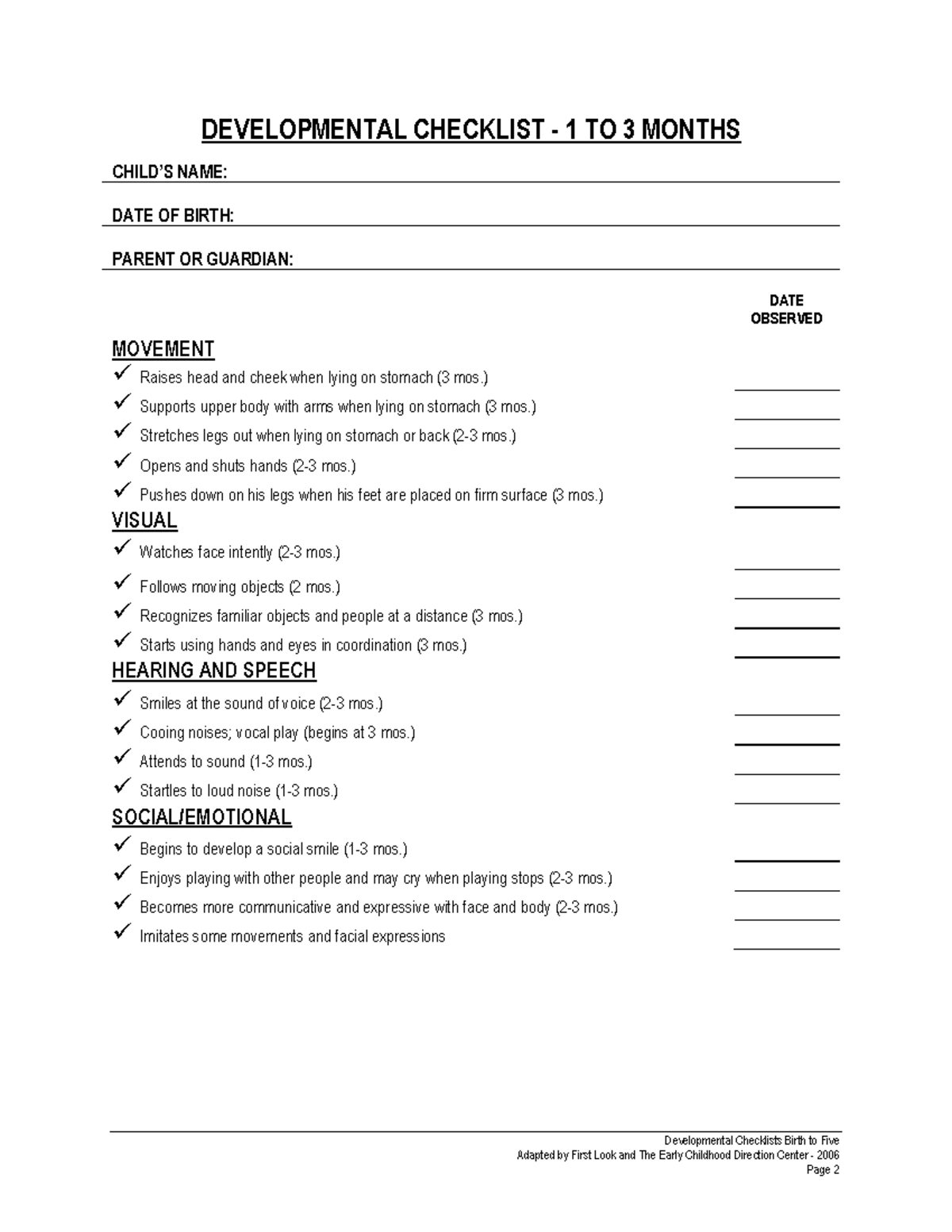Developmental checklist 1 - Developmental Checklists Birth to Five ...