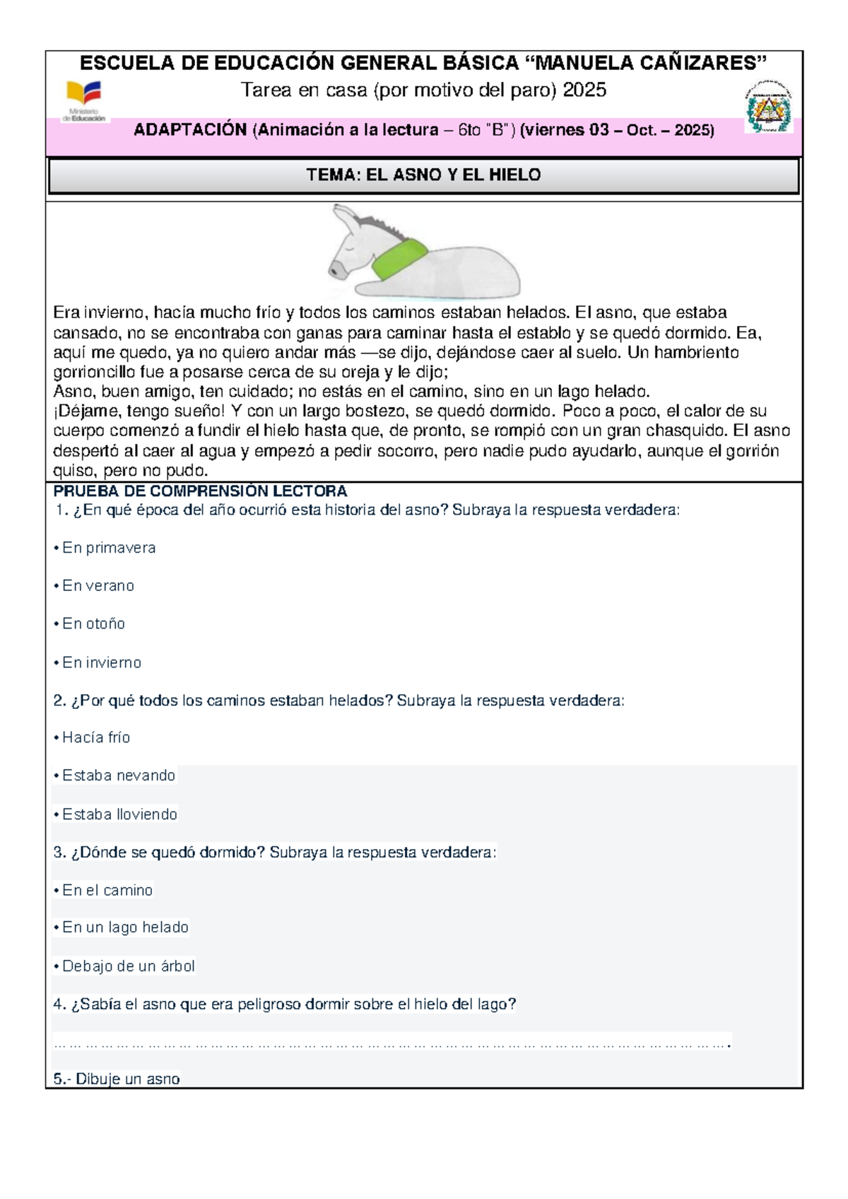 Tarea de Comprensión Lectora: El Asno y el Hielo - 6to (2025) - Studocu