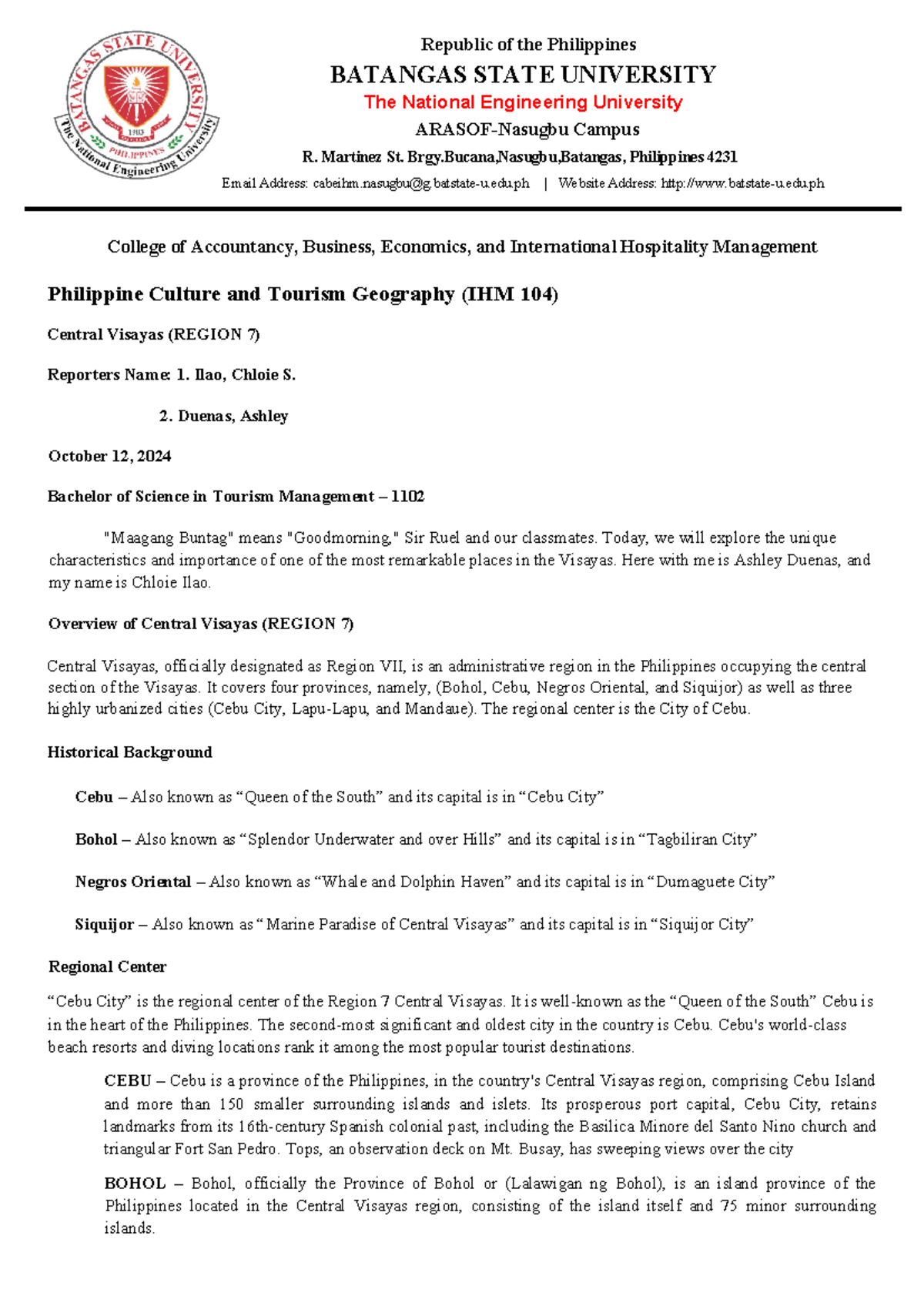 Narrative Report on Central Visayas (Region 7) for IHM 104 - Studocu