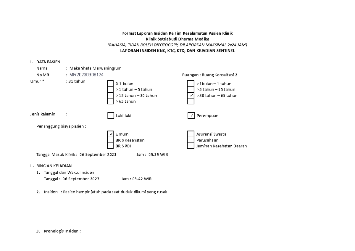 Laporan Insiden Kejadian Pasien Klinik - Form Laporan IKP - Studocu