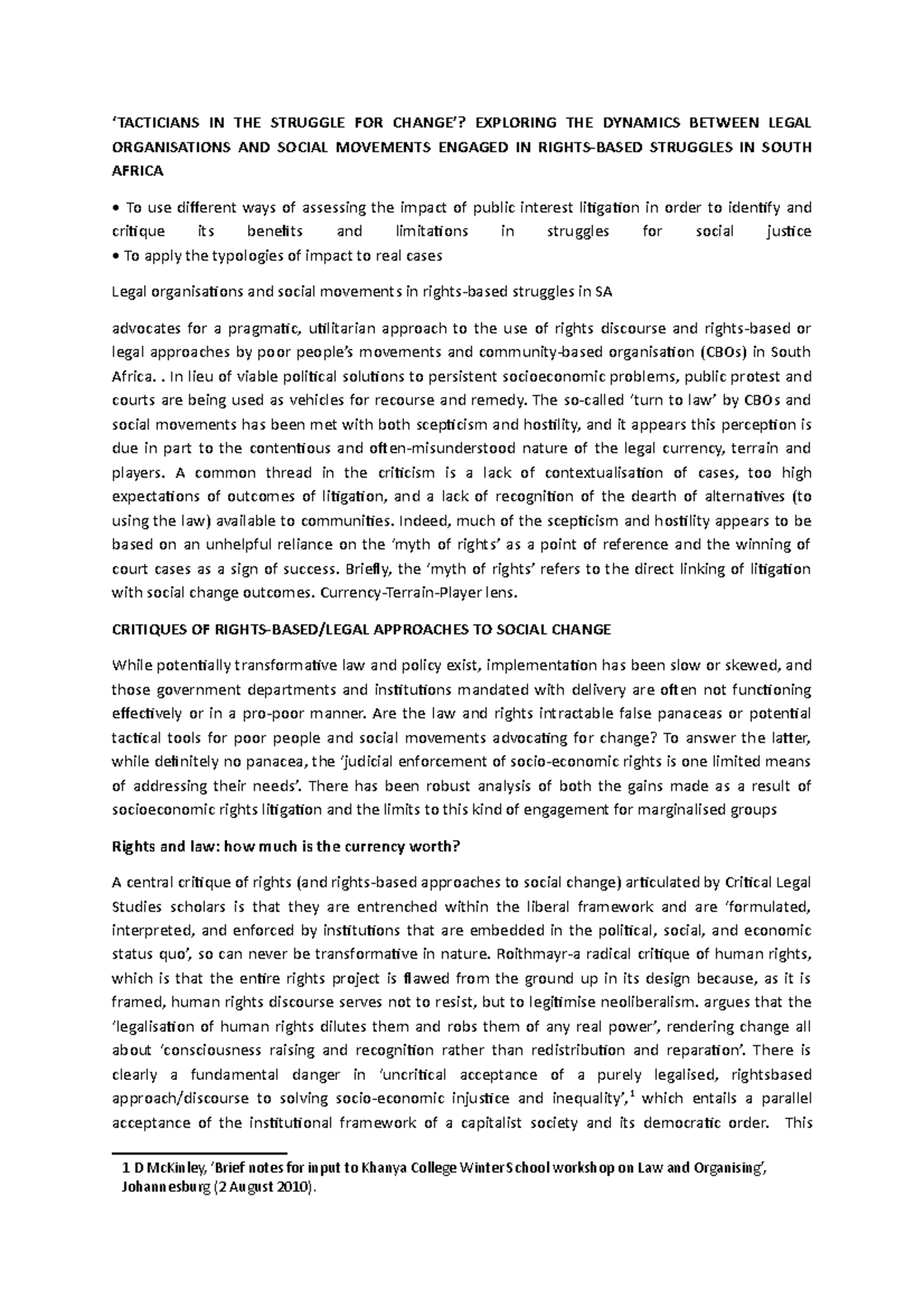 'Legal Strategies and Social Movements in SA: Tactics for Change' - Studocu