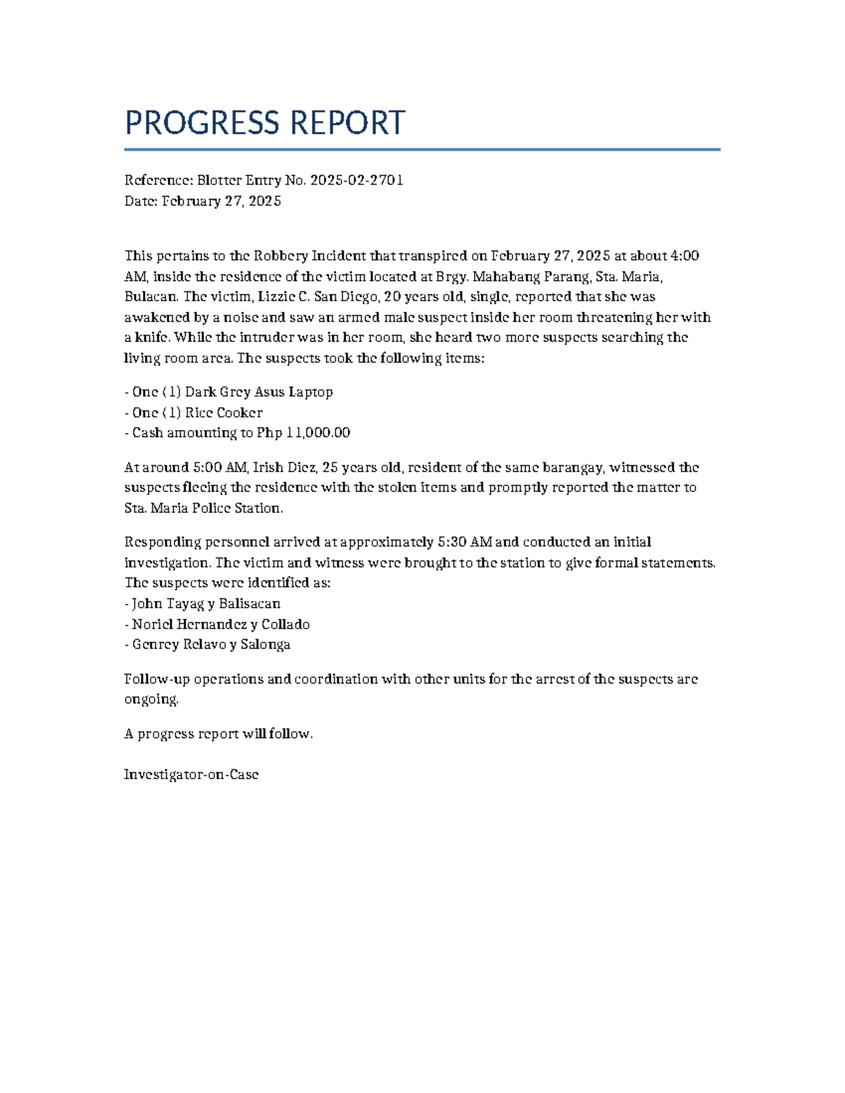Robbery Incident Report Update - Progress Report on Feb 27, 2025 - Studocu