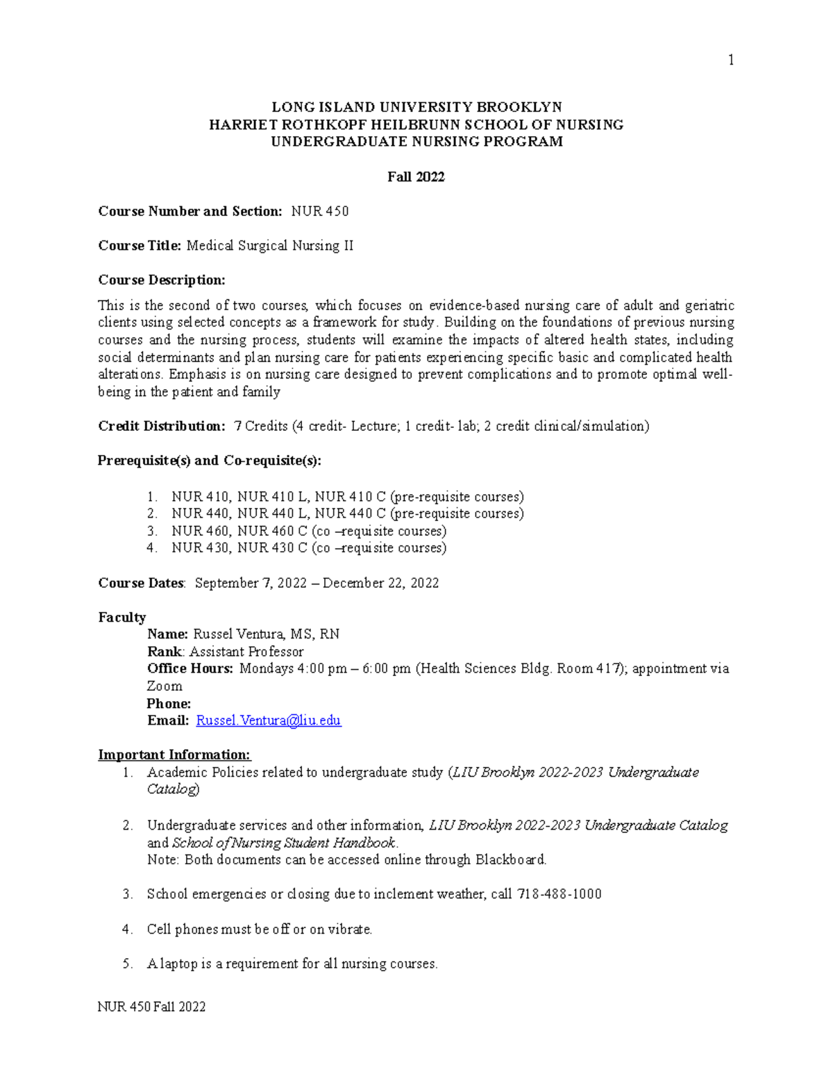 NUR 450 Medical Surgical Nursing II Course Outline Fall 2022 - Studocu