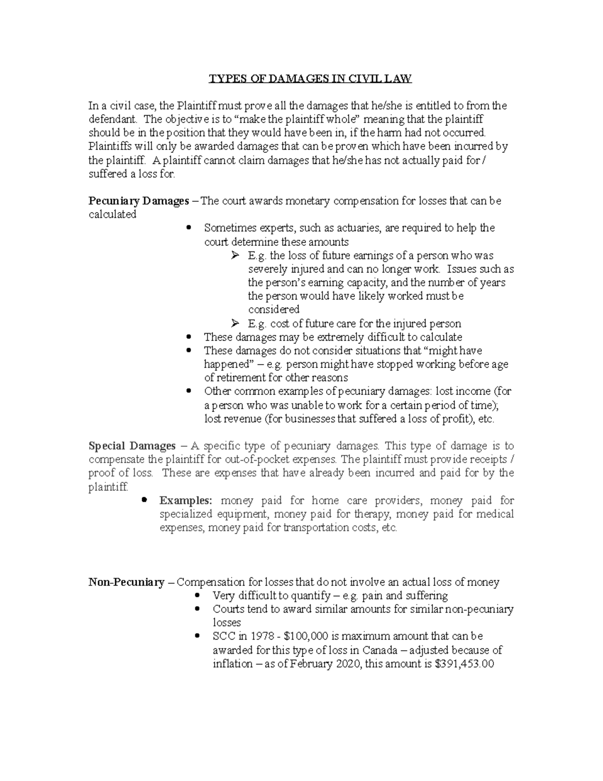 Damages Lecture Notes - TYPES OF DAMAGES IN CIVIL LAW In a civil case ...