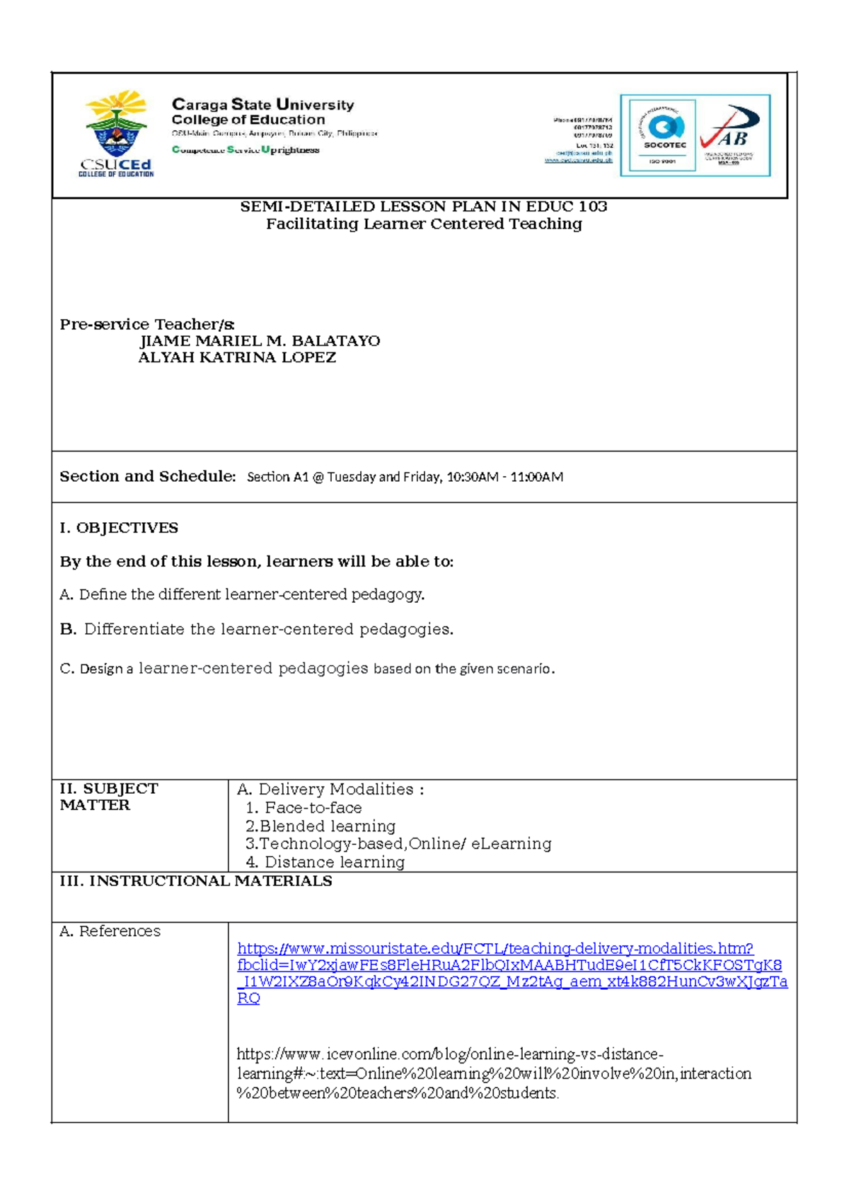 EDUC 103 Lesson Plan: Facilitating Learner-Centered Teaching - Studocu