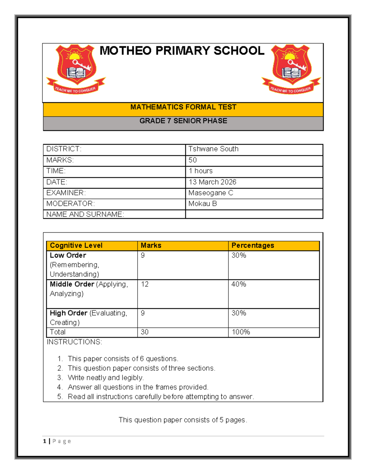 MOTHEO PRIMARY SCHOOL GRADE 7 MATH TERM 1 TEST 2026 - Studocu