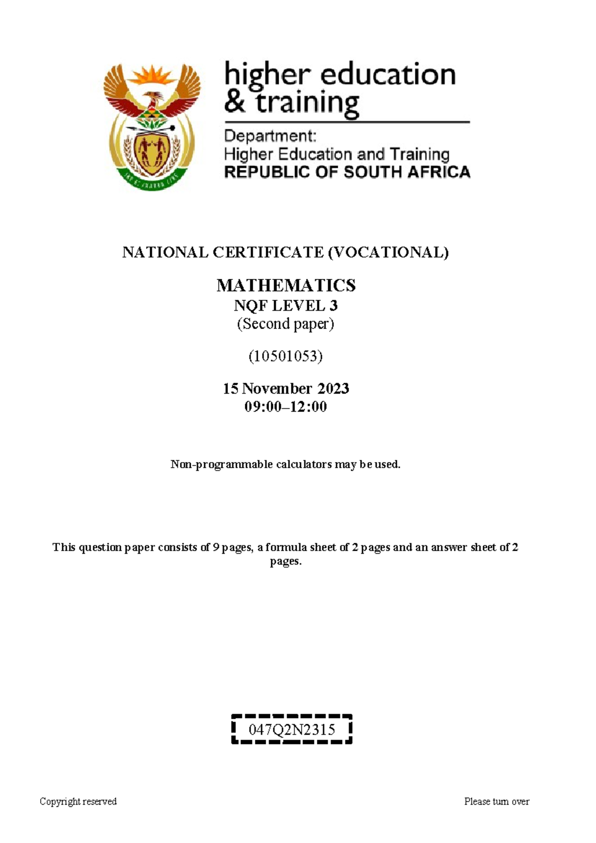 NC2040 - Mathematics NQF Level 3 Second Paper November 2023 - Studocu