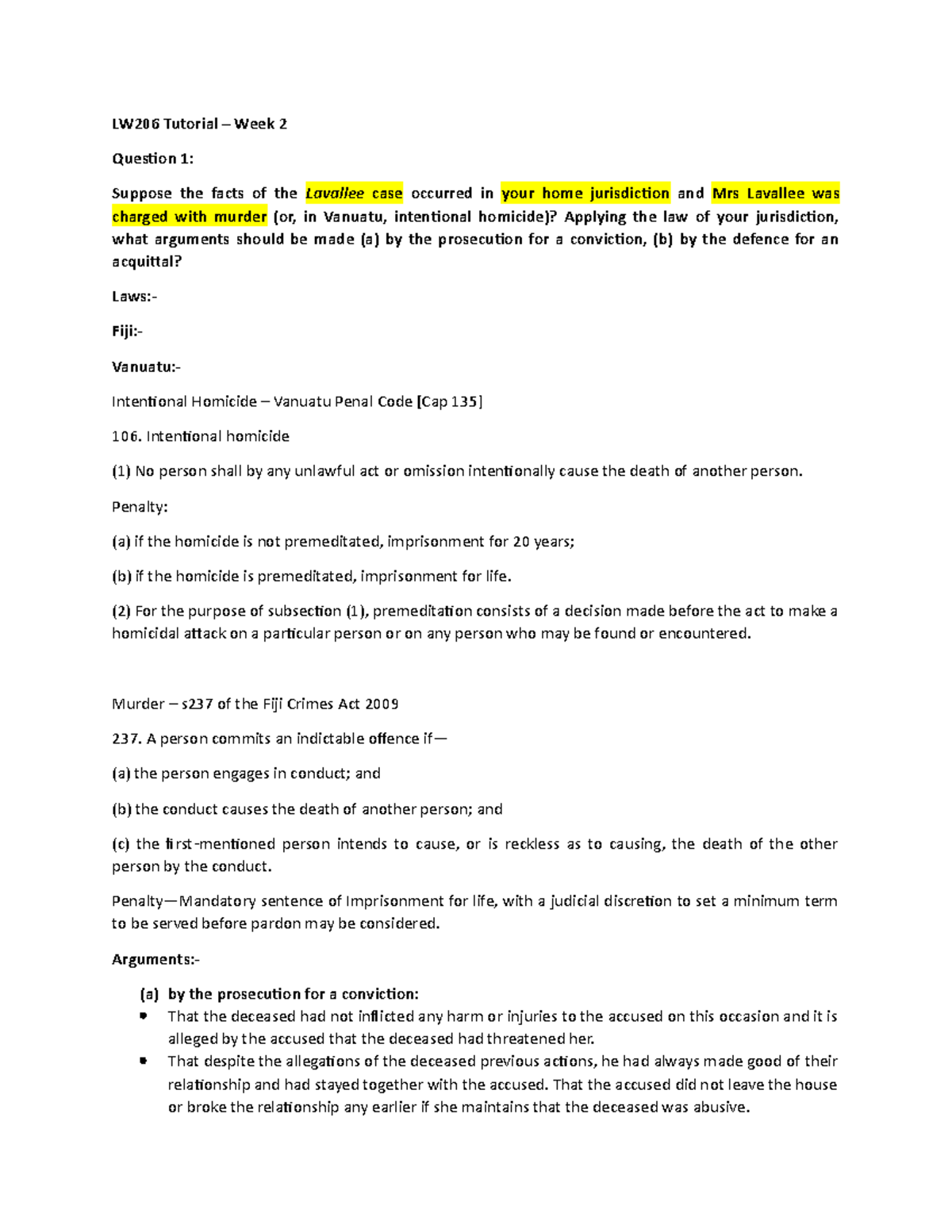LW206 Tutorial Week 2 - LW206 Tutorial – Week 2 Question 1: Suppose the ...