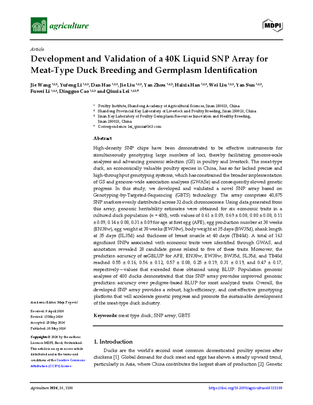 Development and Validation of a 40K SNP Array for Duck Breeding ...