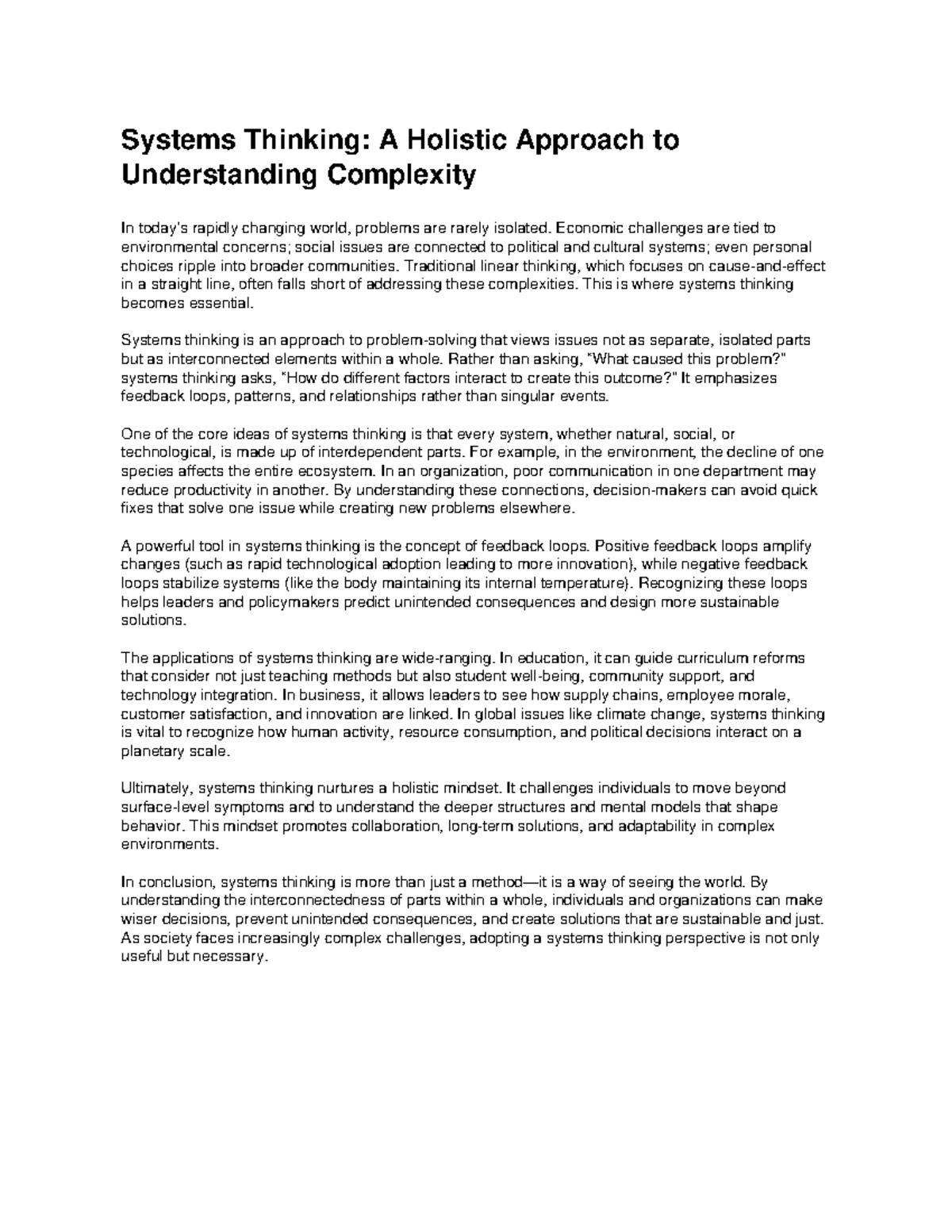 Systems Thinking Essay: A Holistic Approach to Complexity - Studocu