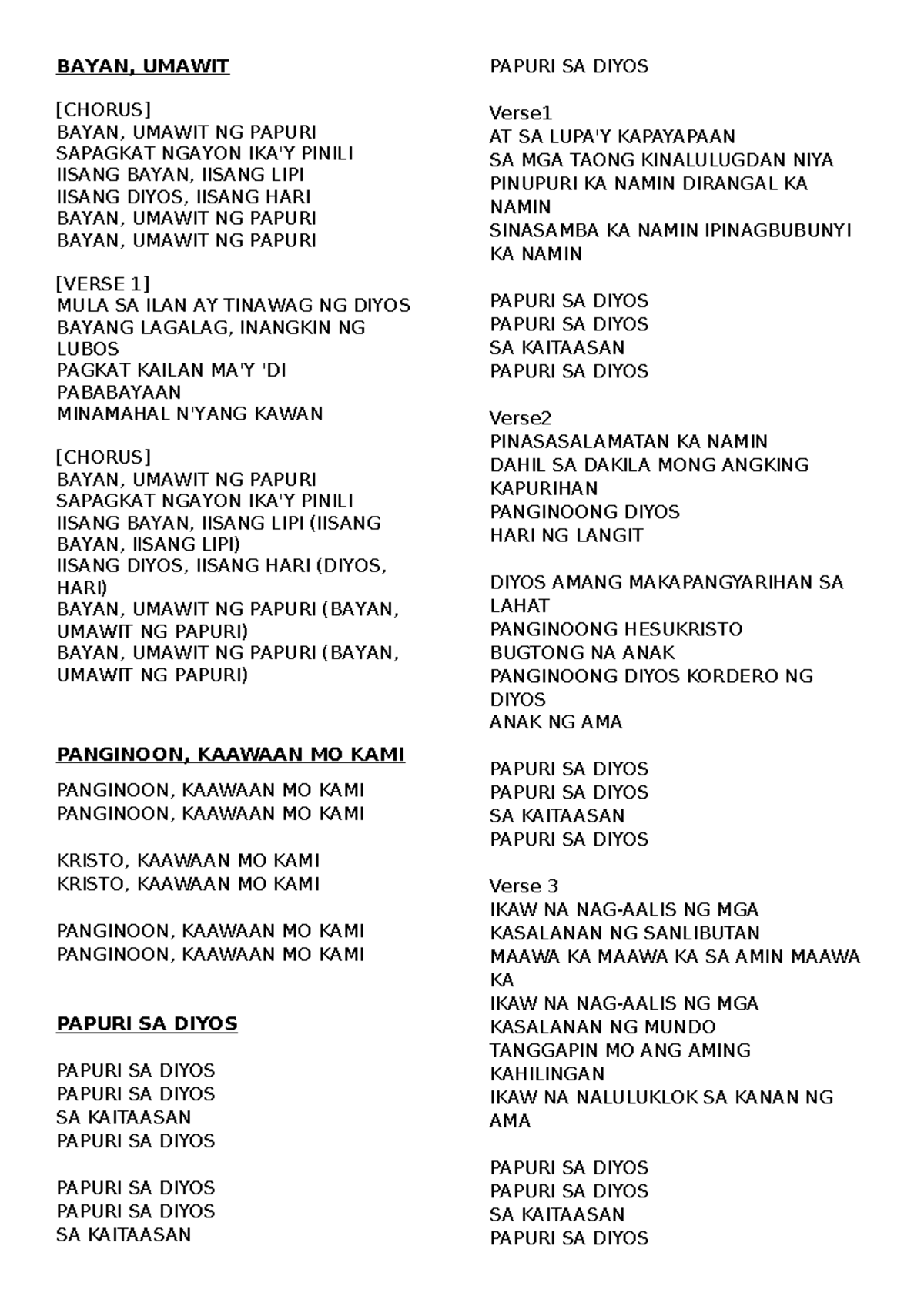 BAYAN, UMAWIT NG PAPURI: July 27 Sunday Mass Line Up - Studocu