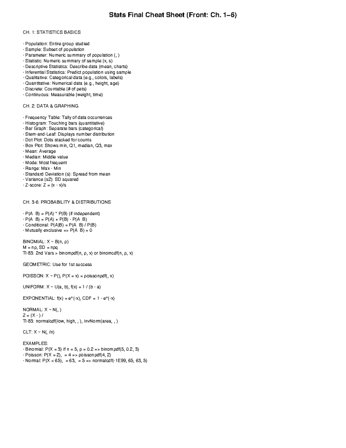 Stats 101 Final Exam Cheat Sheet: Key Concepts & Formulas - Studocu