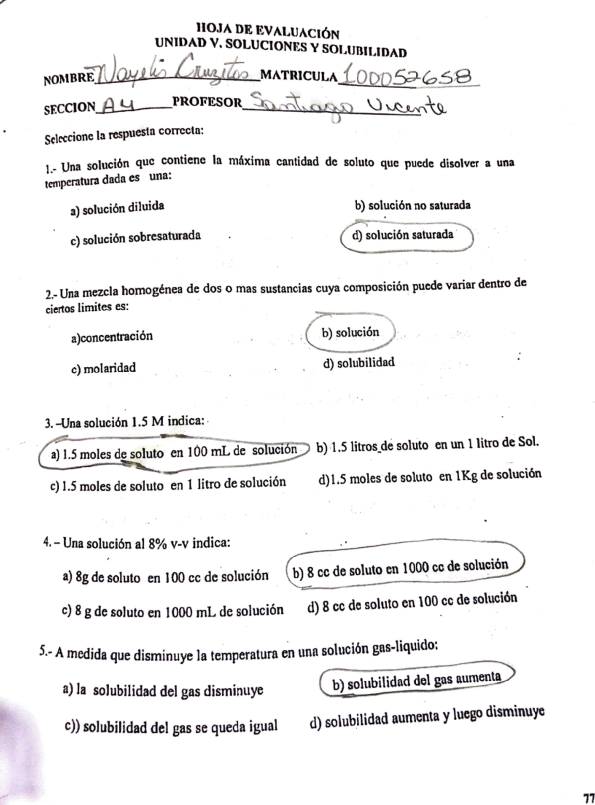 Práctica 5 química - IIOJA DE EVAI.. UACIÓ UN IDAD V. SOLUCION l•'Sy N ...