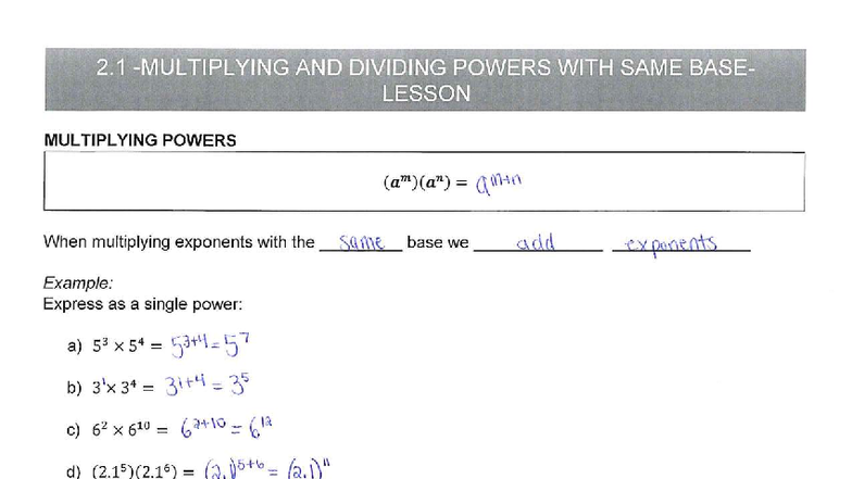 2.1 Lesson Notes: Multiplying & Dividing Powers with Same Base - Studocu