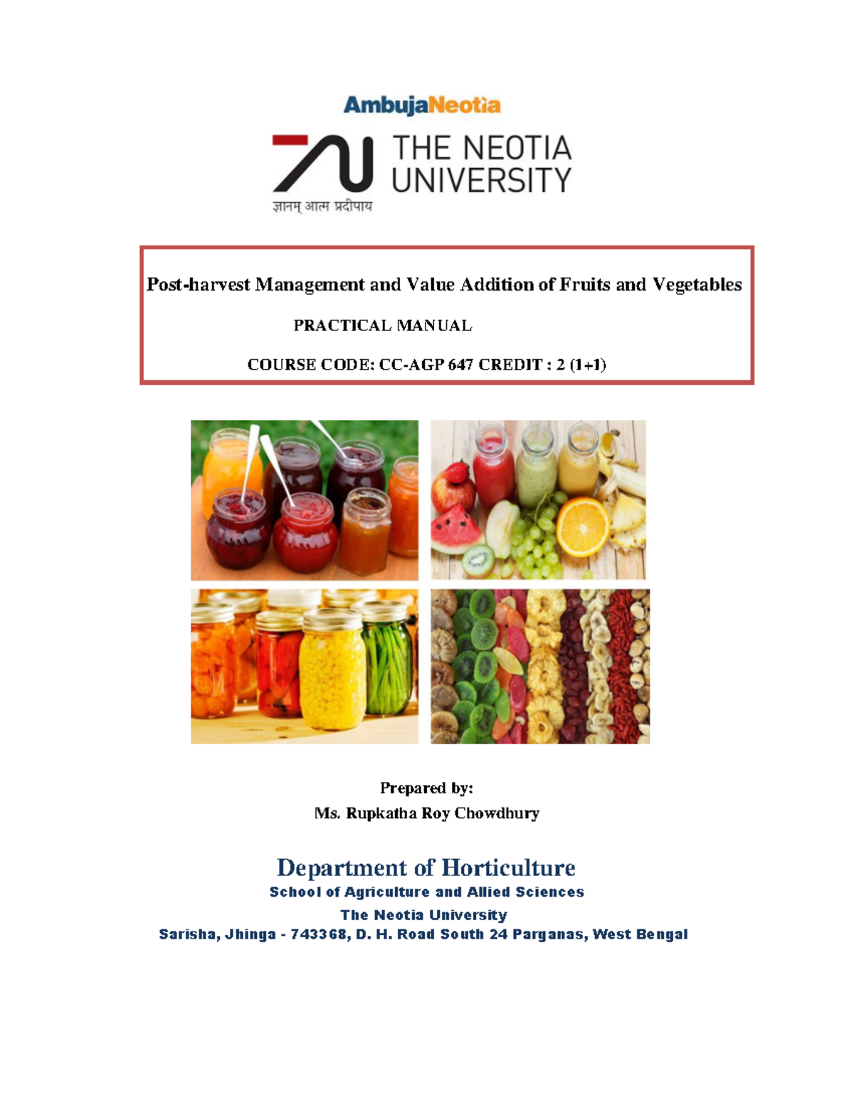 Management and Value Addition of Fruits and Vegetables Practical Manual ...