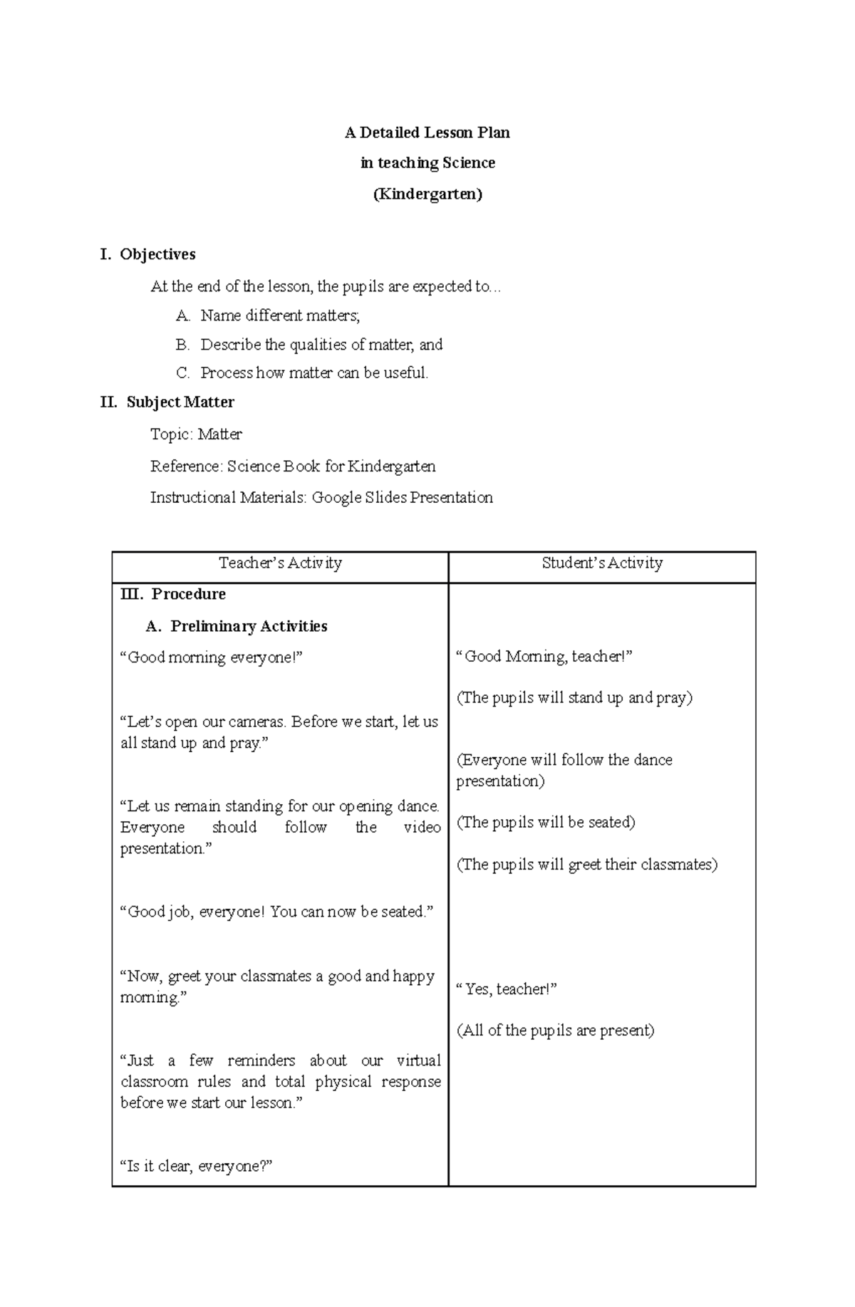 Detailed Lesson Plan for Kindergarten Science: Exploring Matter - Studocu