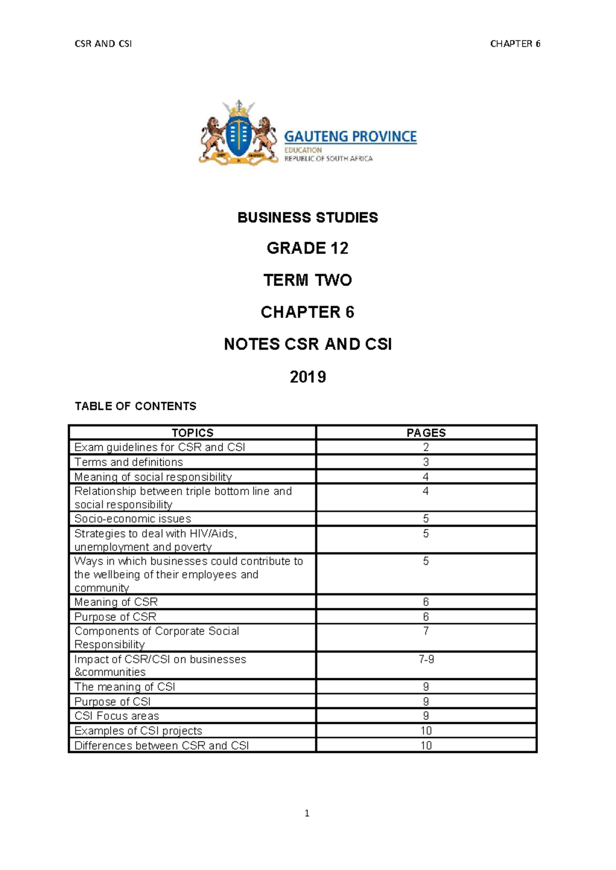 Chapter 6: CSR and CSI Notes for Business Studies Grade 12 Term 2 - Studocu