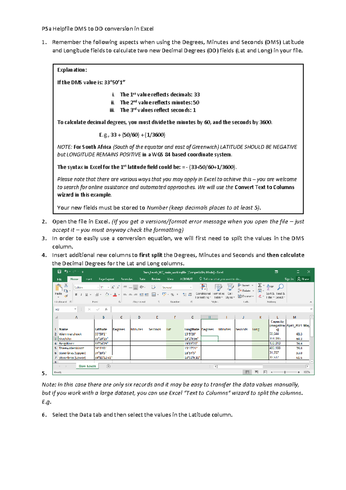 P5a Helpfile: DMS to Decimal Degrees Conversion in Excel - Studocu