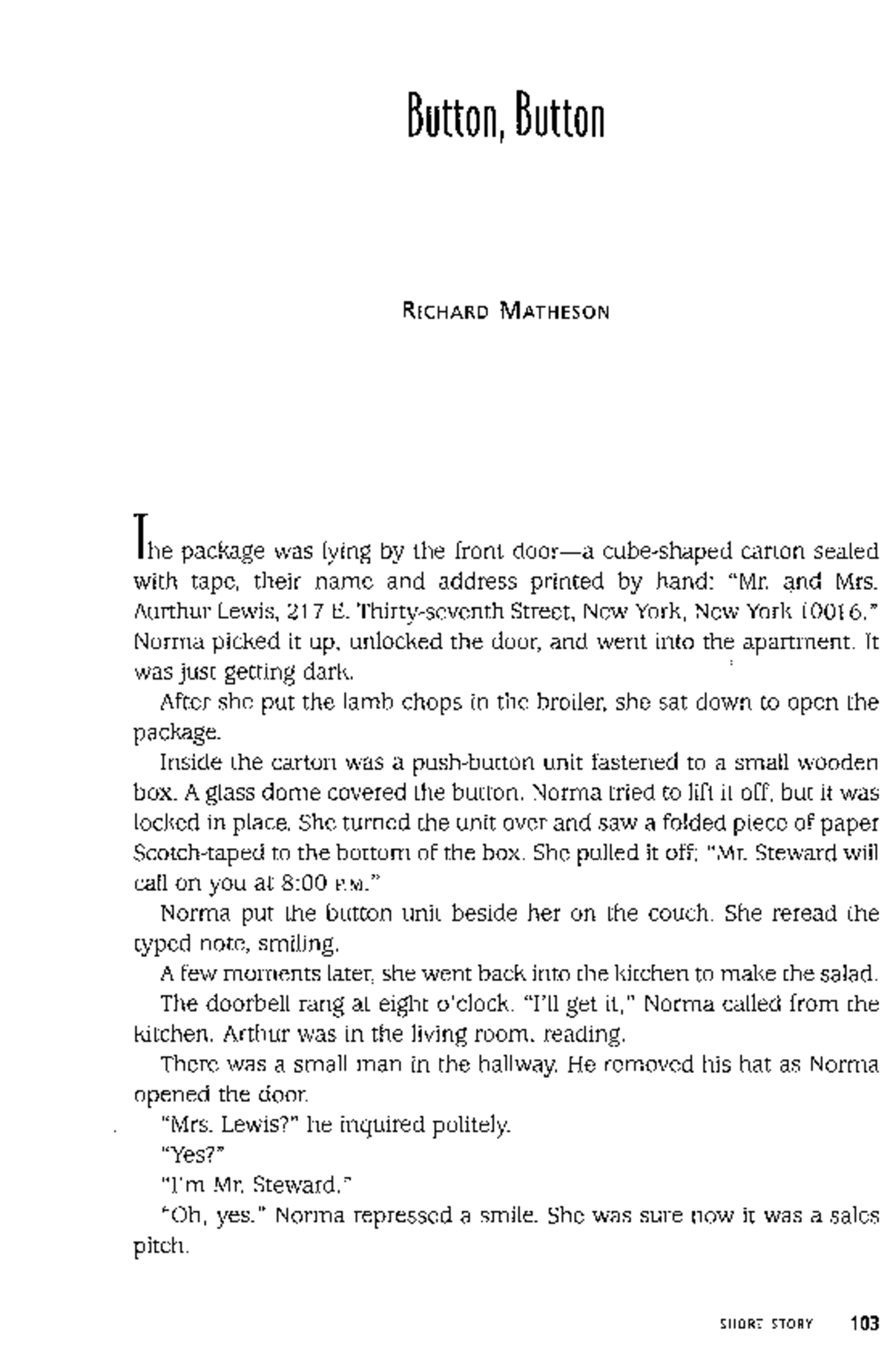 Button, Button: Analyzing Richard Matheson's Short Story - Studocu