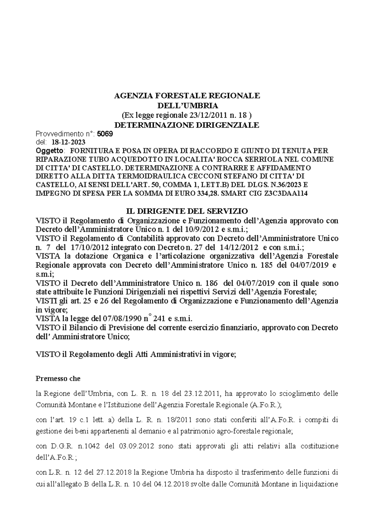 Determinazione Dirigenziale 5069: Fornitura e Posa Raccordo Acquedotto ...