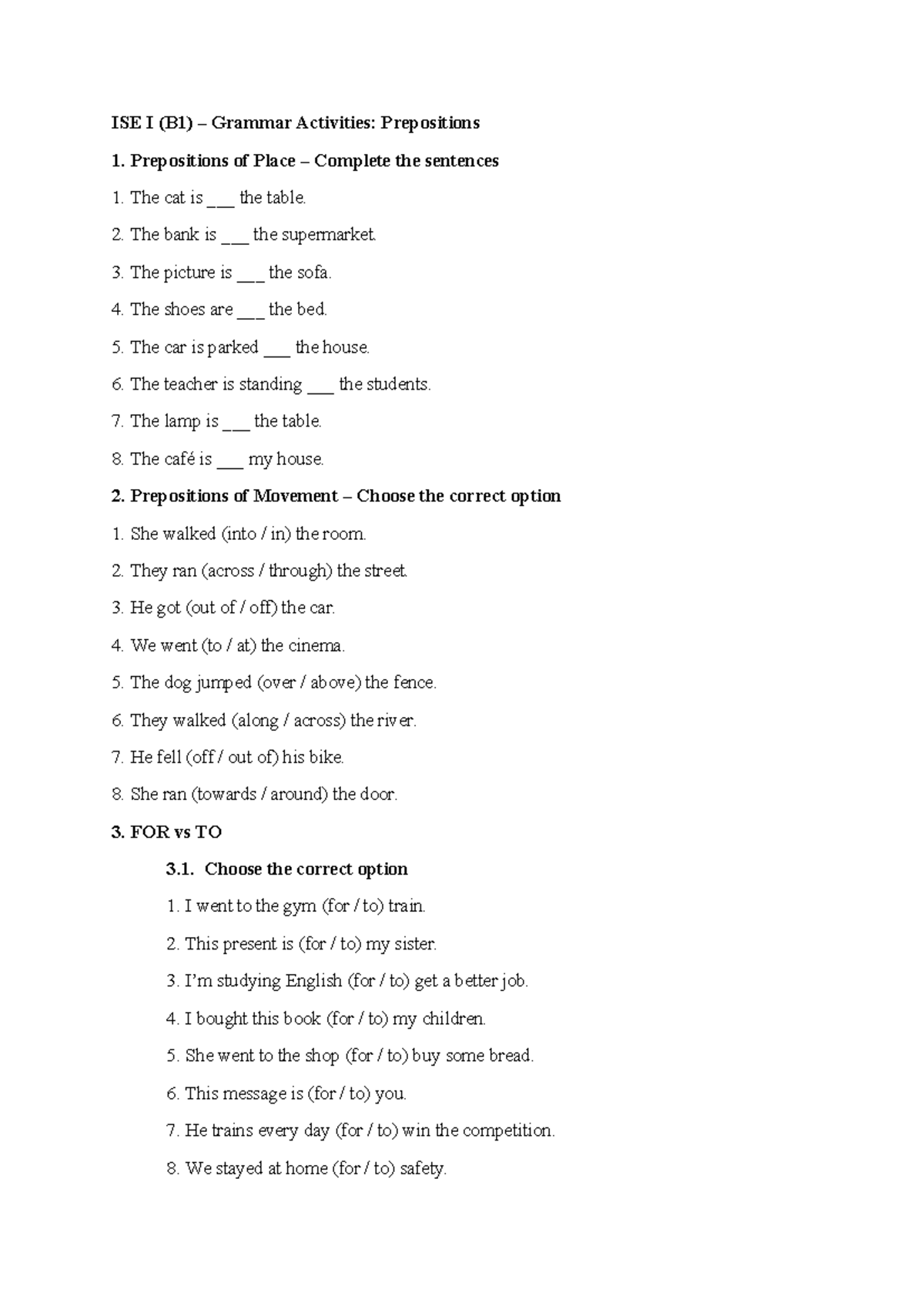 ISE I (B1) Grammar Activities: Prepositions Exercises - Studocu