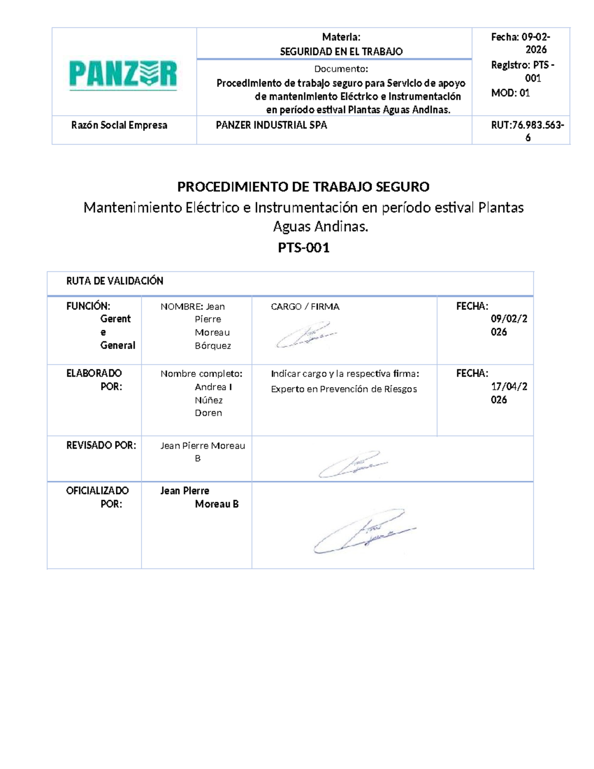 Procedimiento de Trabajo Seguro PTS-001: Mantenimiento Eléctrico ...