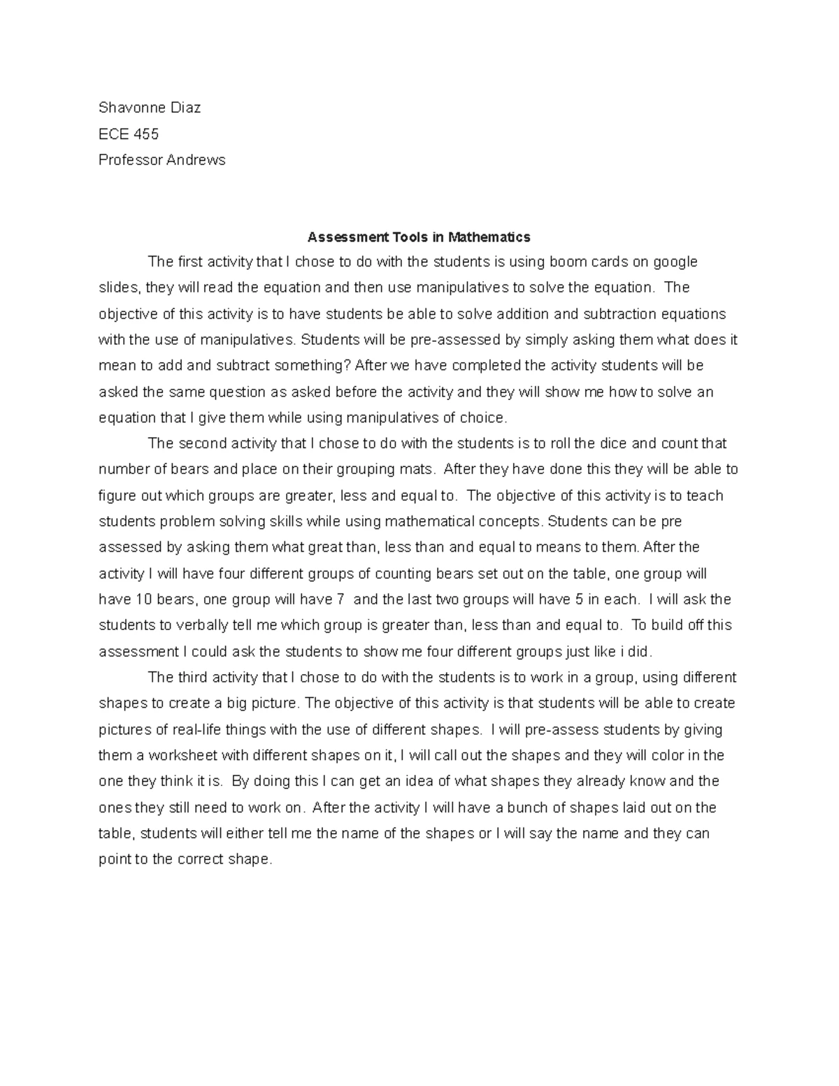 Assessment Tools in Mathematics - Shavonne Diaz ECE 455 Professor ...