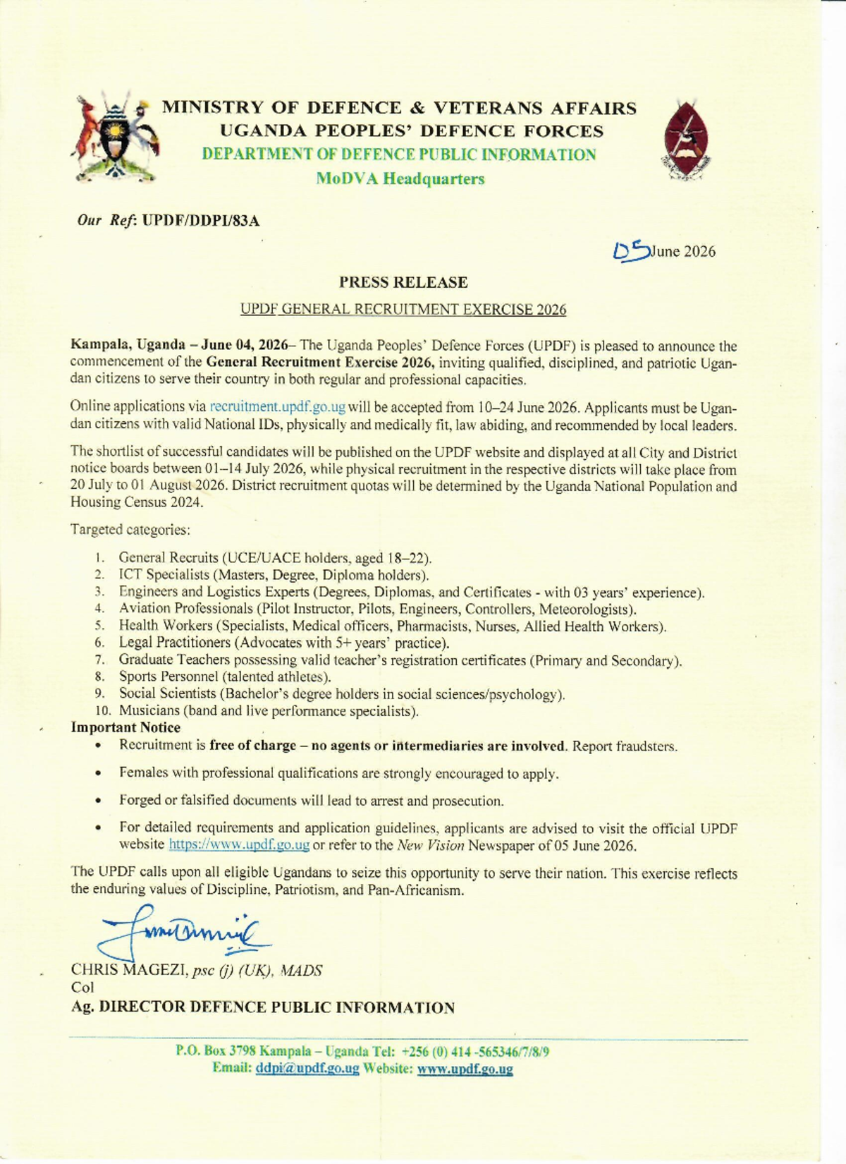 UPDF General Recruitment Exercise 2026: Application Guidelines and ...