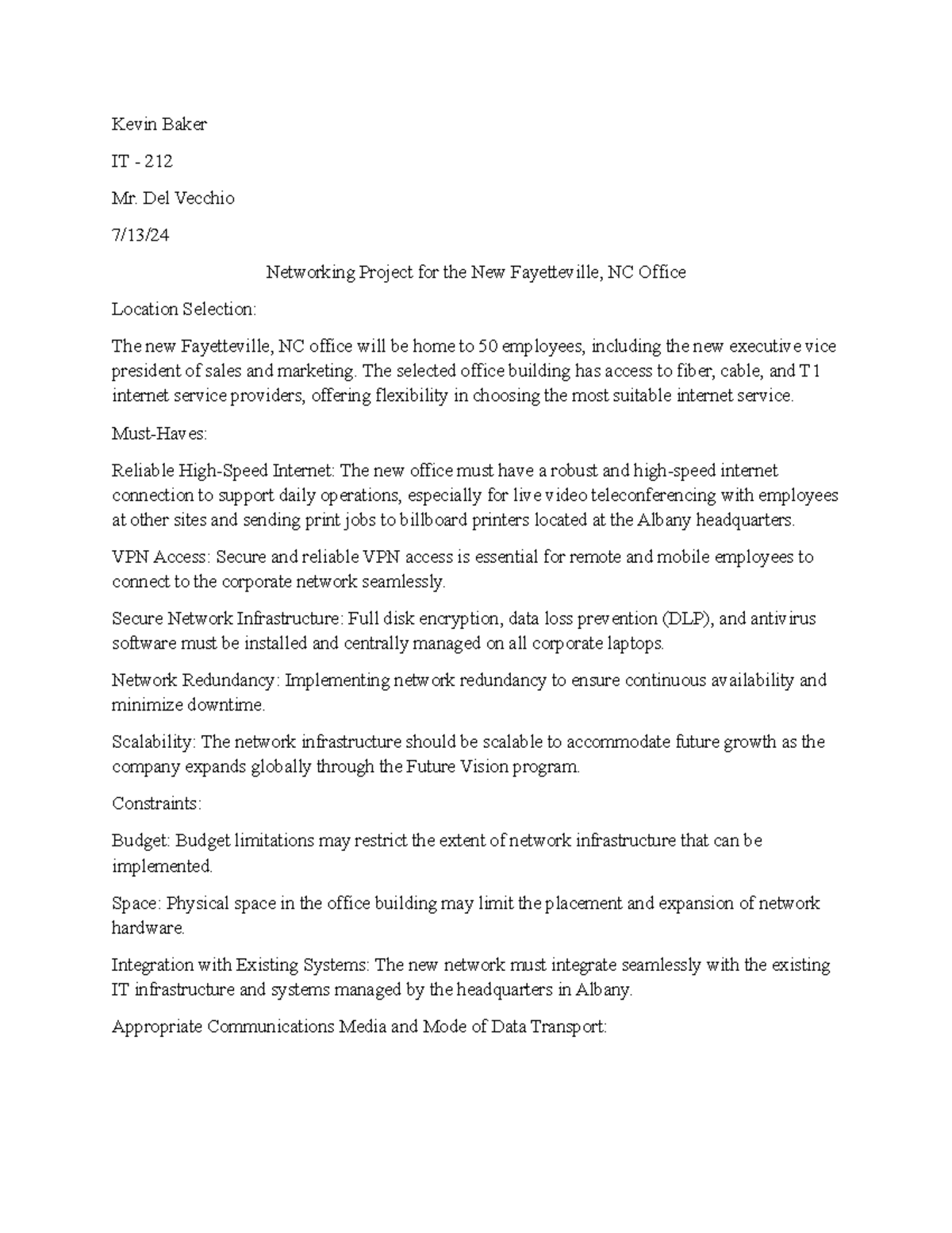 IT 212 Networking Project Milestone One: Fayetteville Office Plan - Studocu