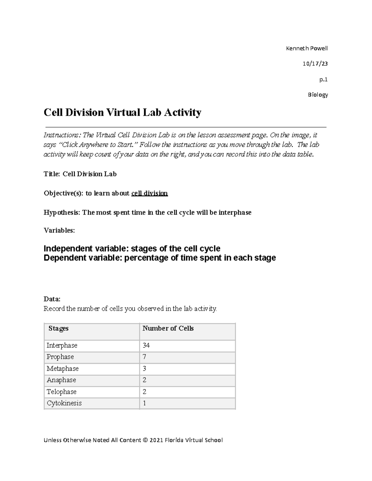 03 01 Biology Virtual Cell Division Lab Report Answer Key - Studocu