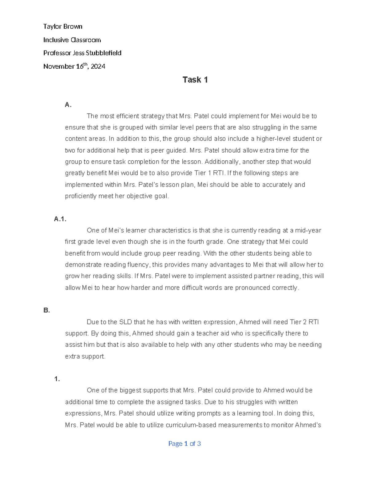 D152 - Task 1 - Passed first attempt - Taylor Brown Inclusive Classroom ...