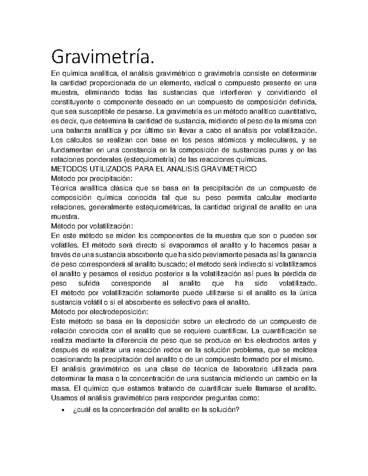 Gravimetría: Métodos y Aplicaciones en Química Analítica - Studocu