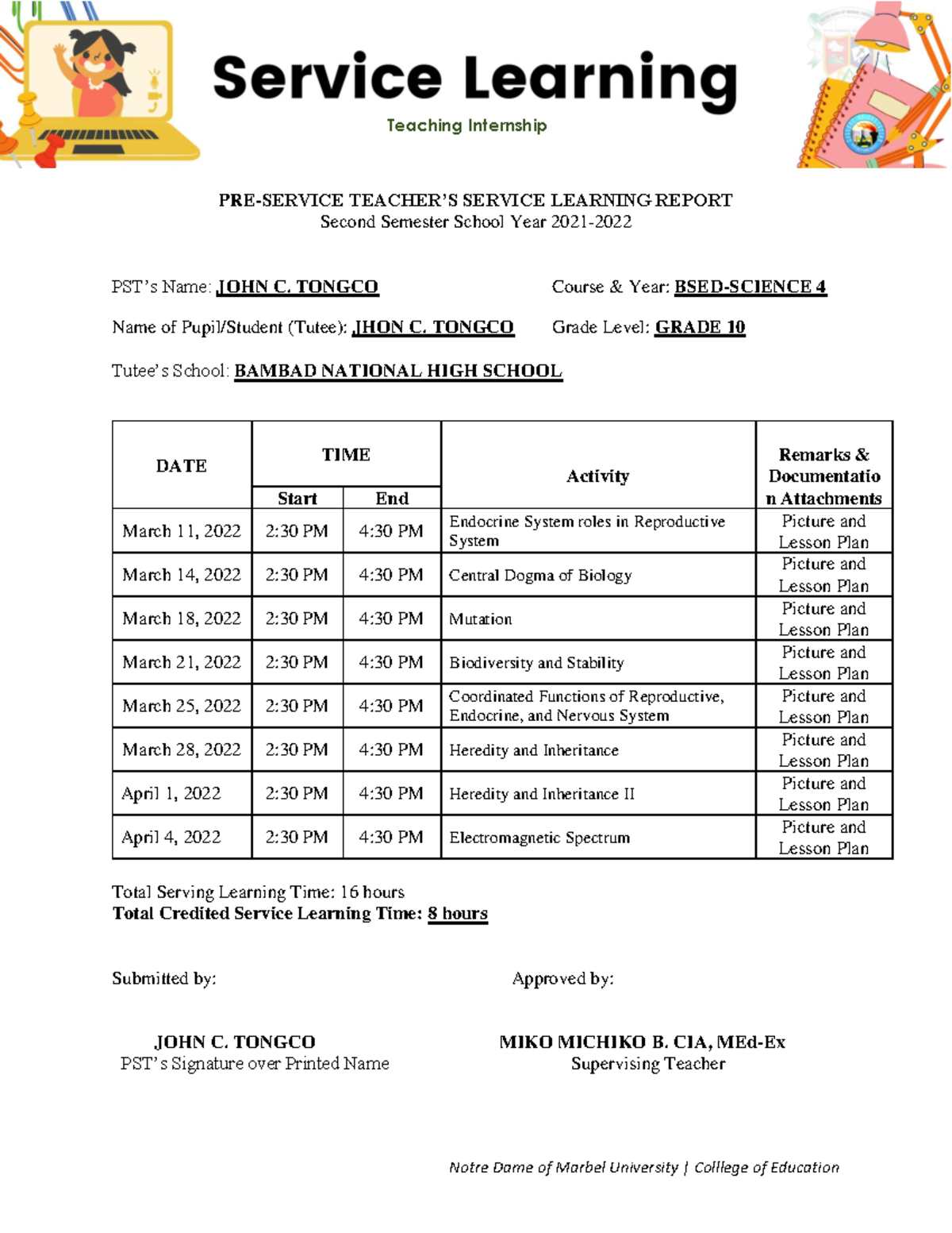 Service Learning - Format - PRE-SERVICE TEACHER’S SERVICE LEARNING ...