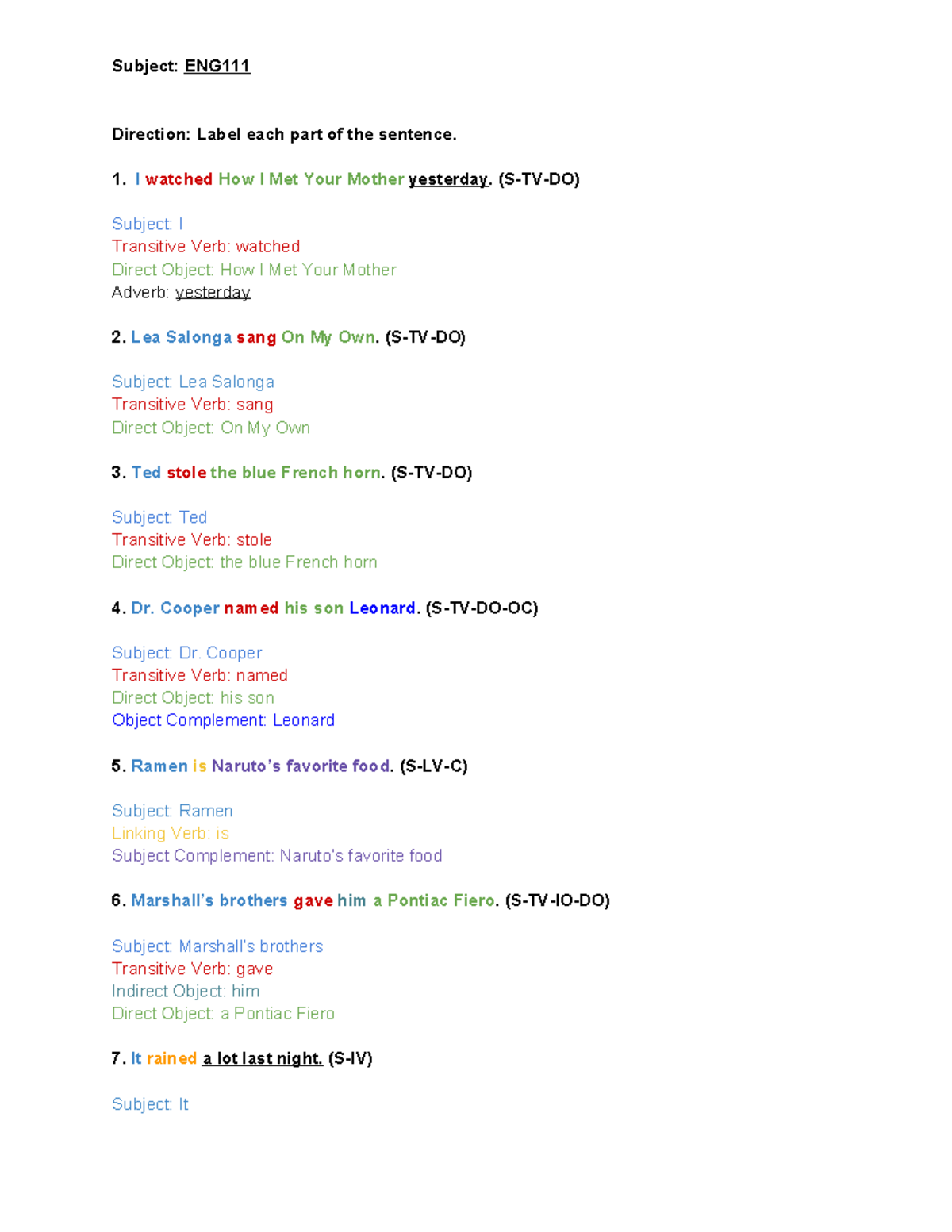 Basic Sentence pattern - Subject: ENG Direction: Label each part of the ...