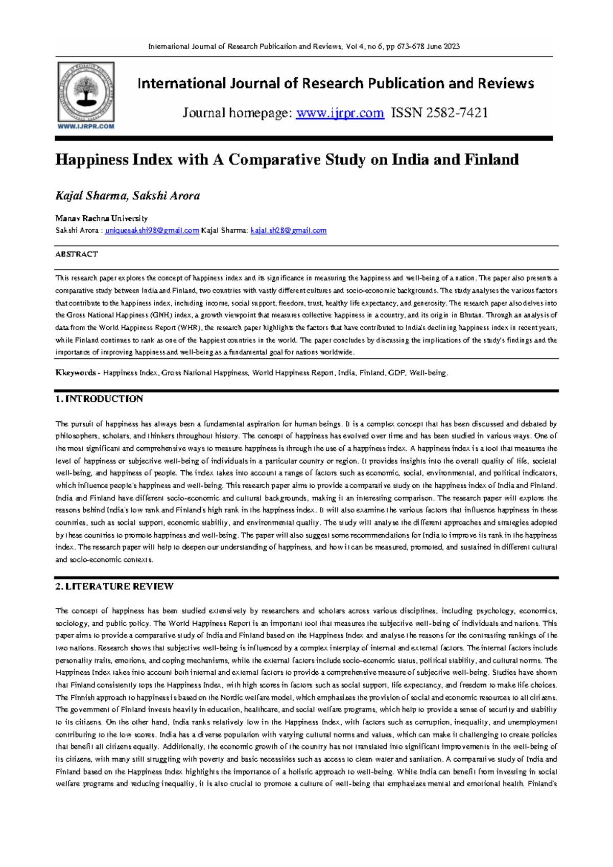 Happiness Index: A Comparative Study of India & Finland (IJRPR 14106 ...