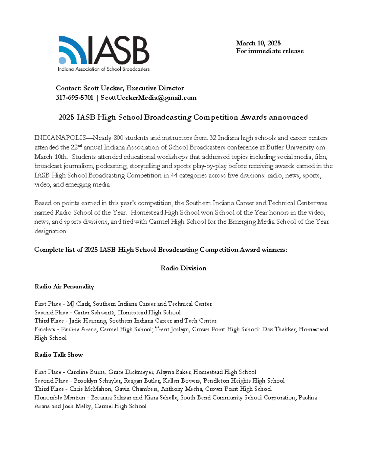 2025 IASB High School Broadcasting Competition Awards Announcement ...