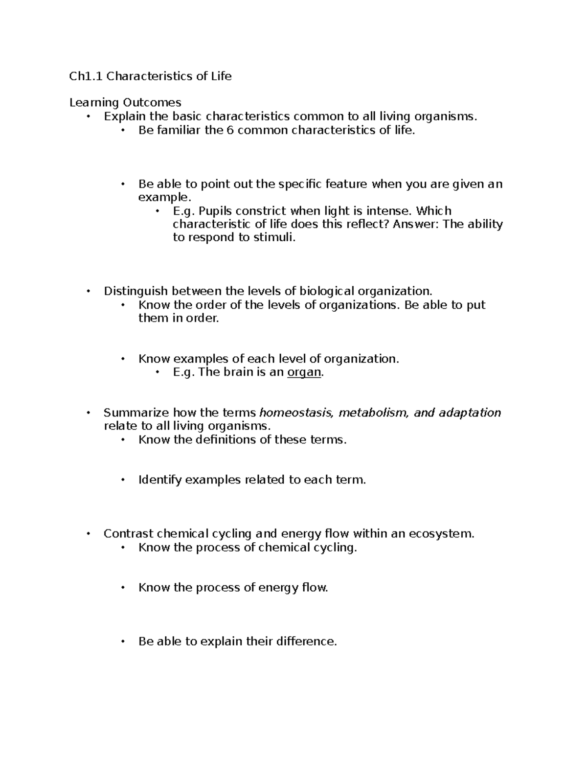 Biology 101: Ch1.1 Characteristics of Life Overview & Outcomes - Studocu